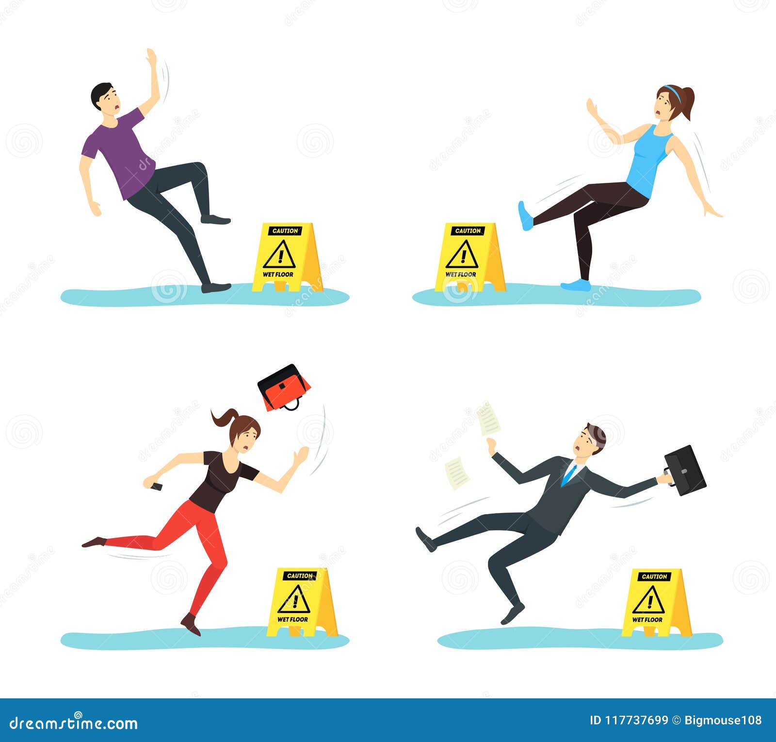 Cartoon Caution Wet Floor Sign On The Nameplate In Flat Style In Puddle ...