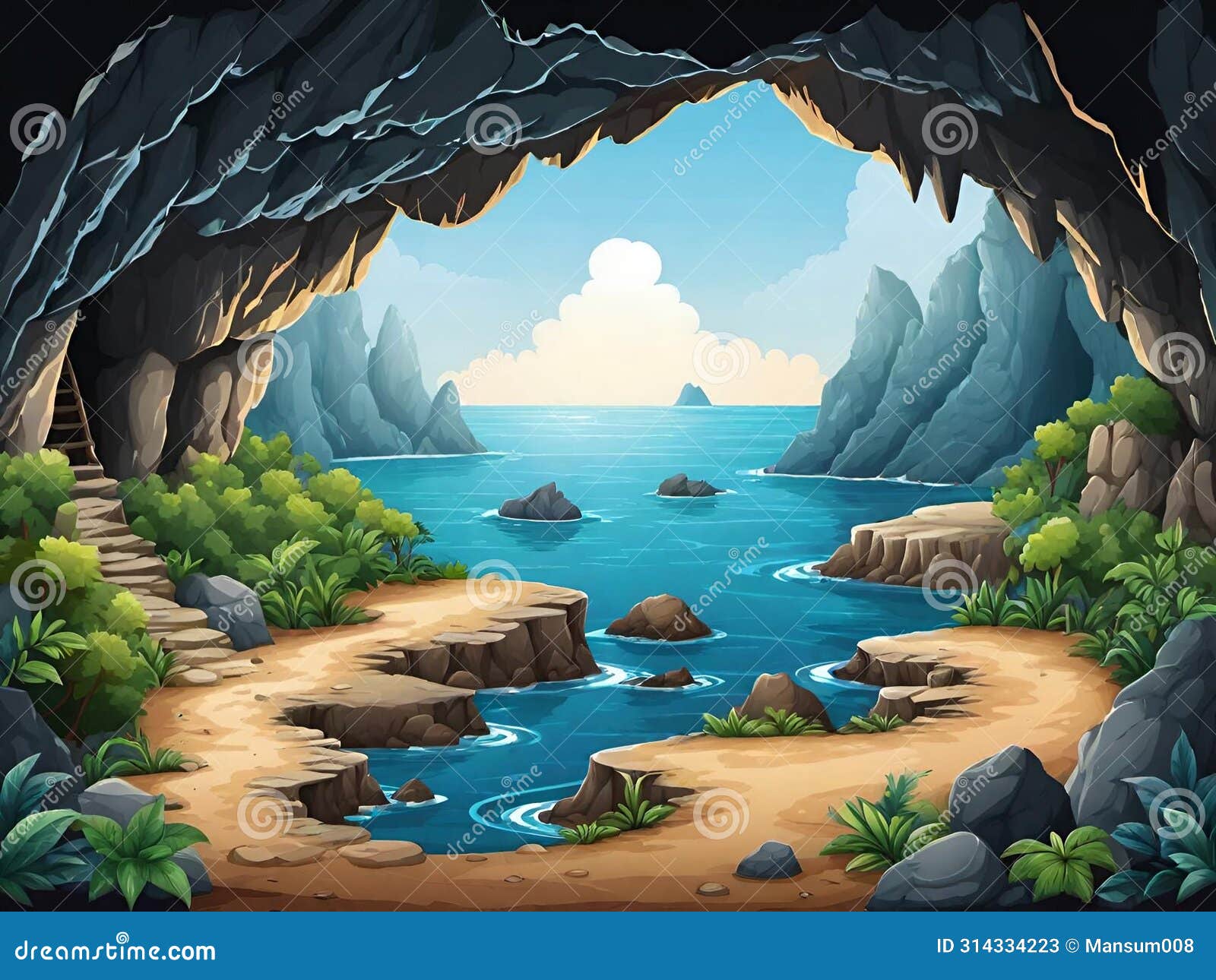 Cartoon Cave with Mountains and Trees Stock Illustration - Illustration ...