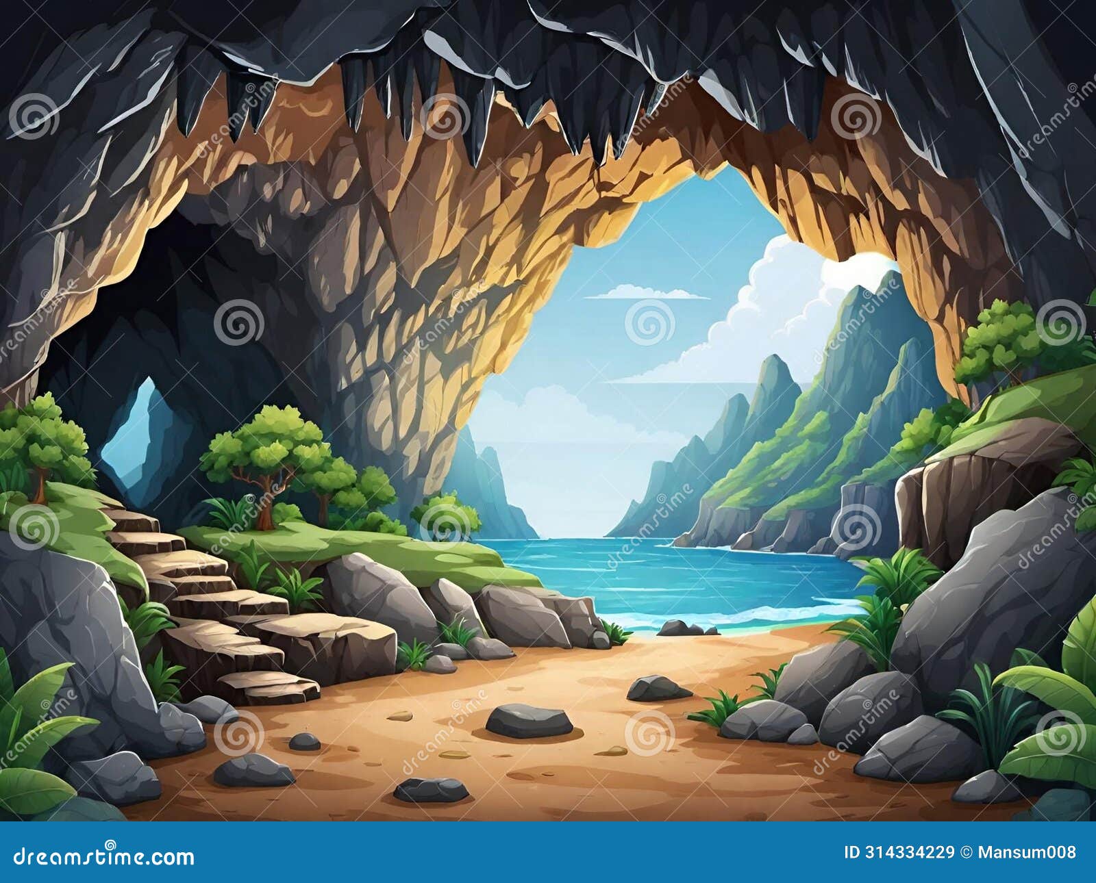 Cartoon Cave with Mountains and Trees Stock Illustration - Illustration ...