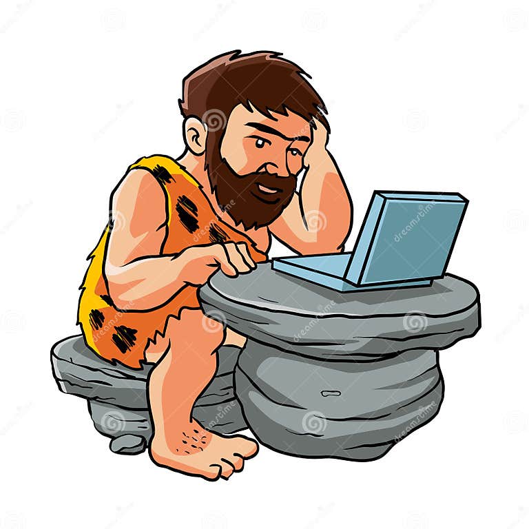Cartoon Caveman Using a Laptop. Stock Vector - Illustration of comic ...