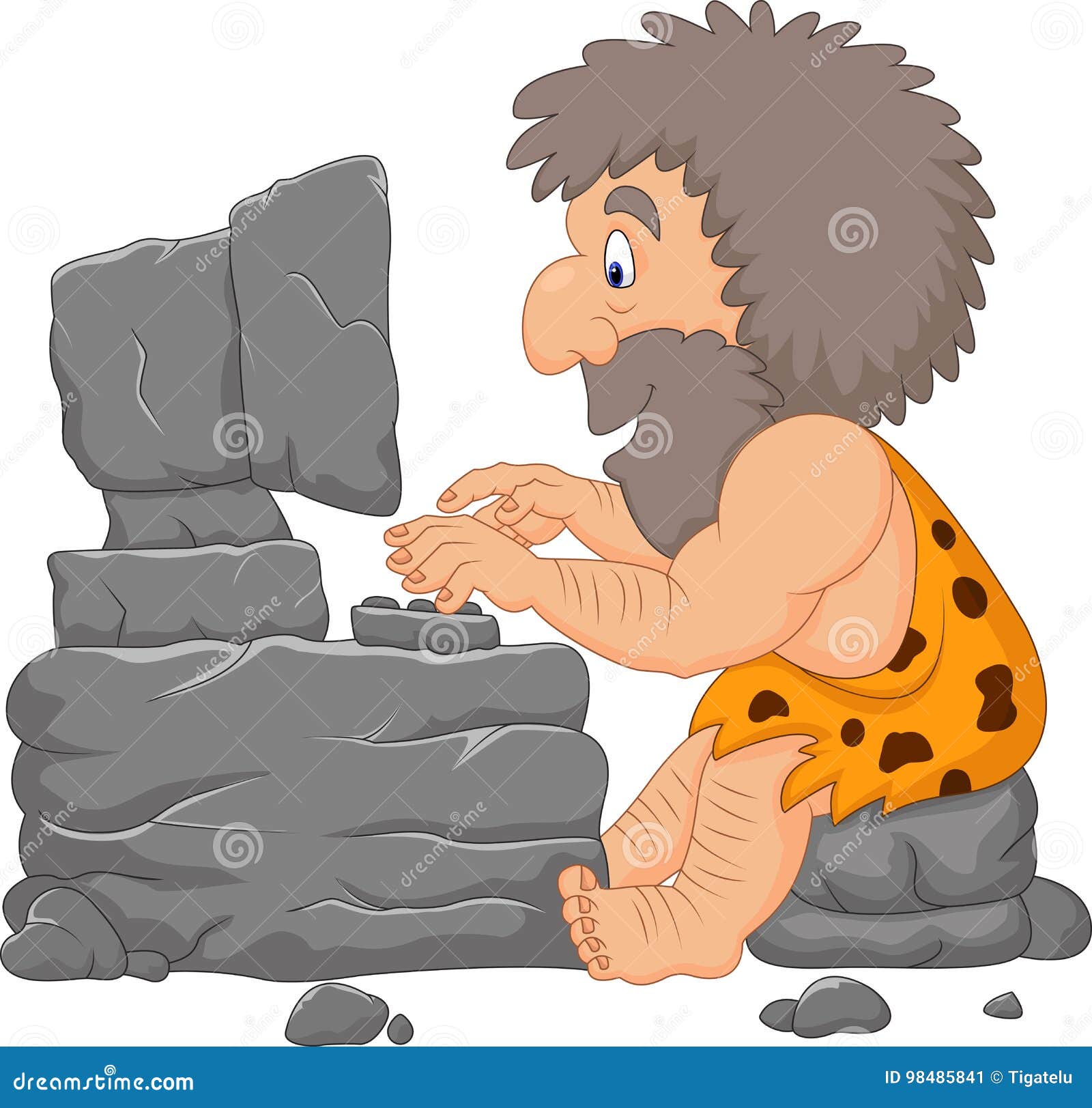 Cartoon Caveman Using a Stone Computer Stock Vector - Illustration of ...