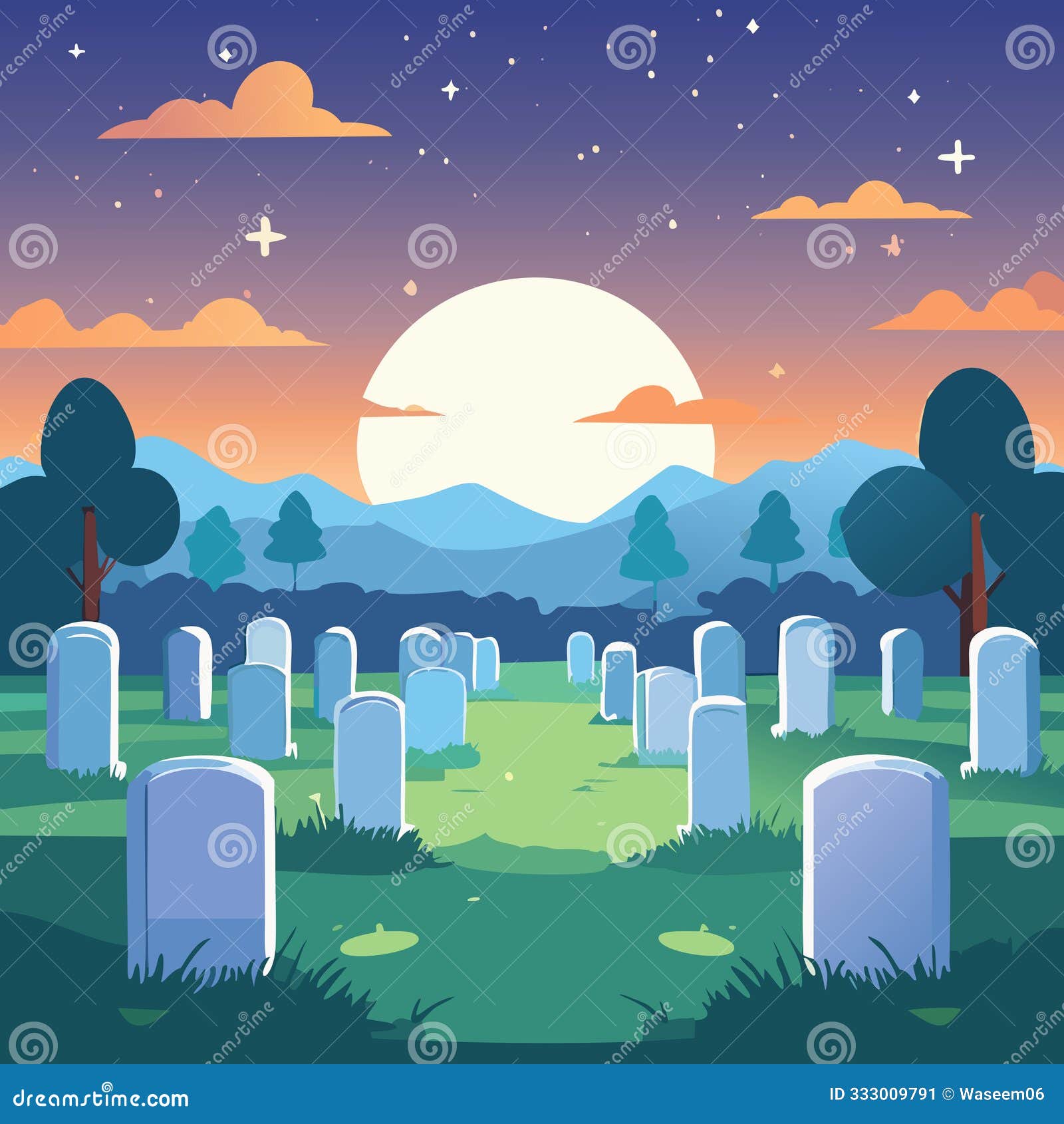 Cartoon Cemetery at Night. Vector Illustration of Graves in Moon Light ...