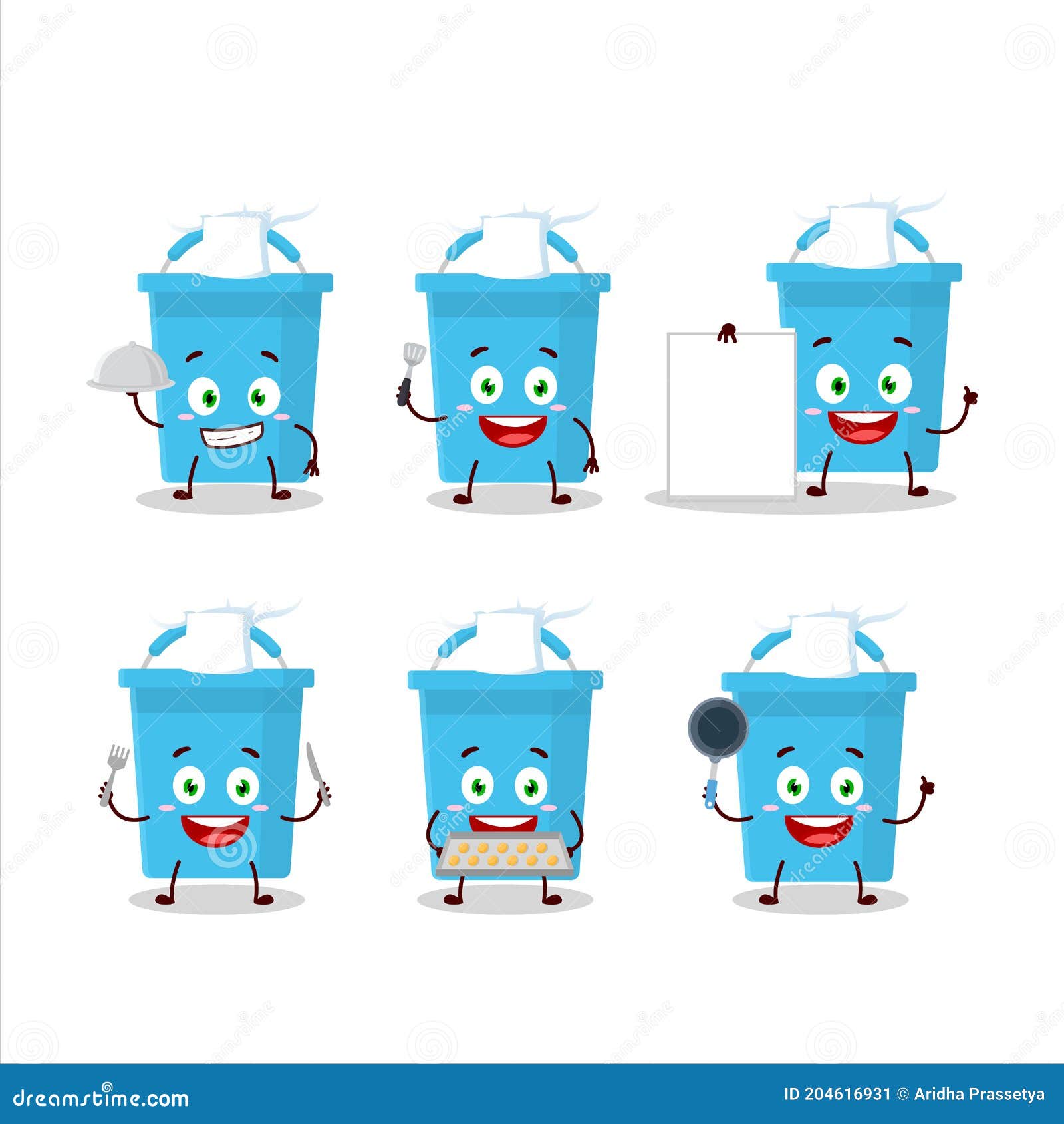 Cartoon Character of Blue Bucket with Various Chef Emoticons Stock ...