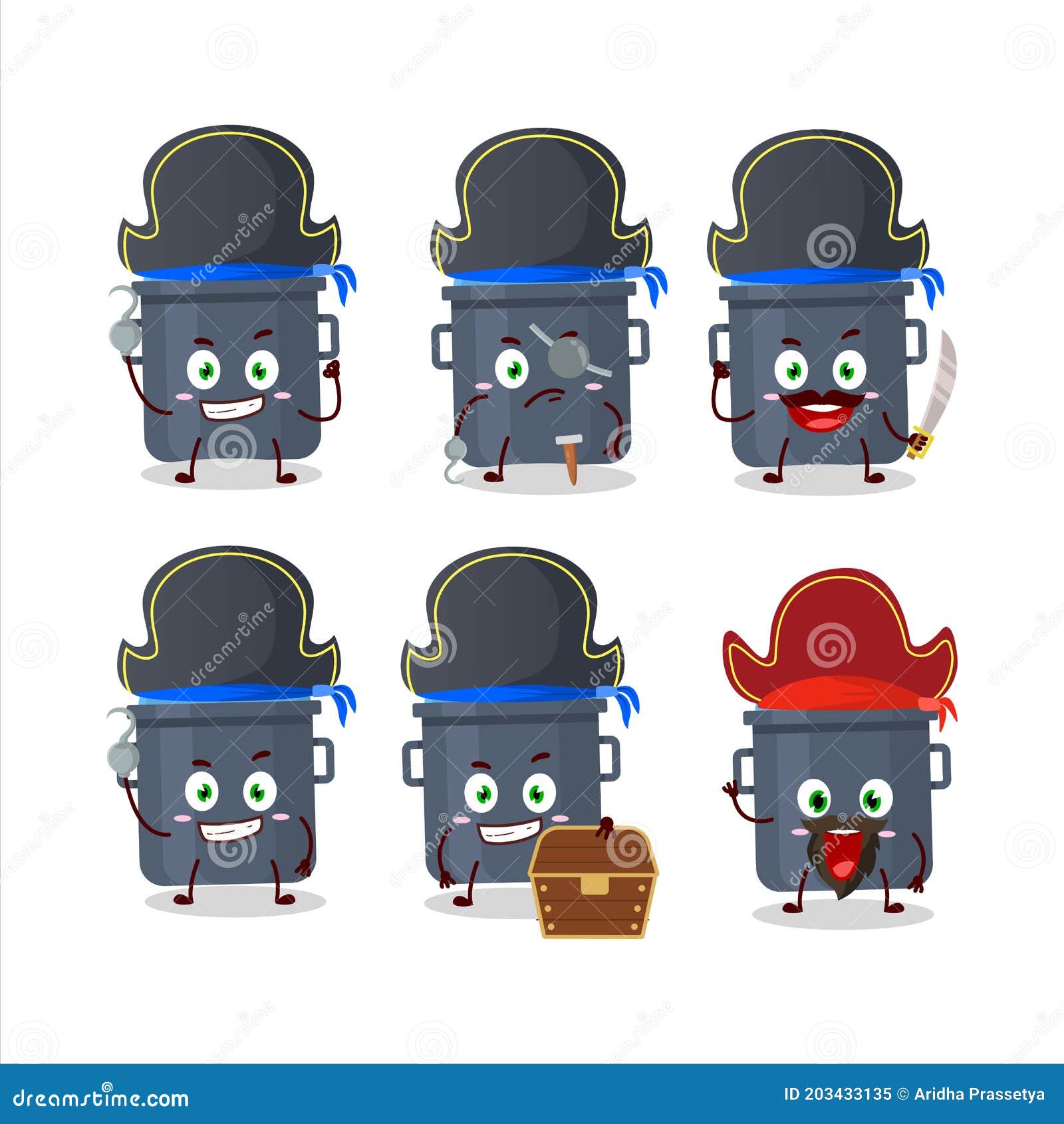 Cartoon Character of Blue Kitchen Pan with Various Pirates Emoticons ...