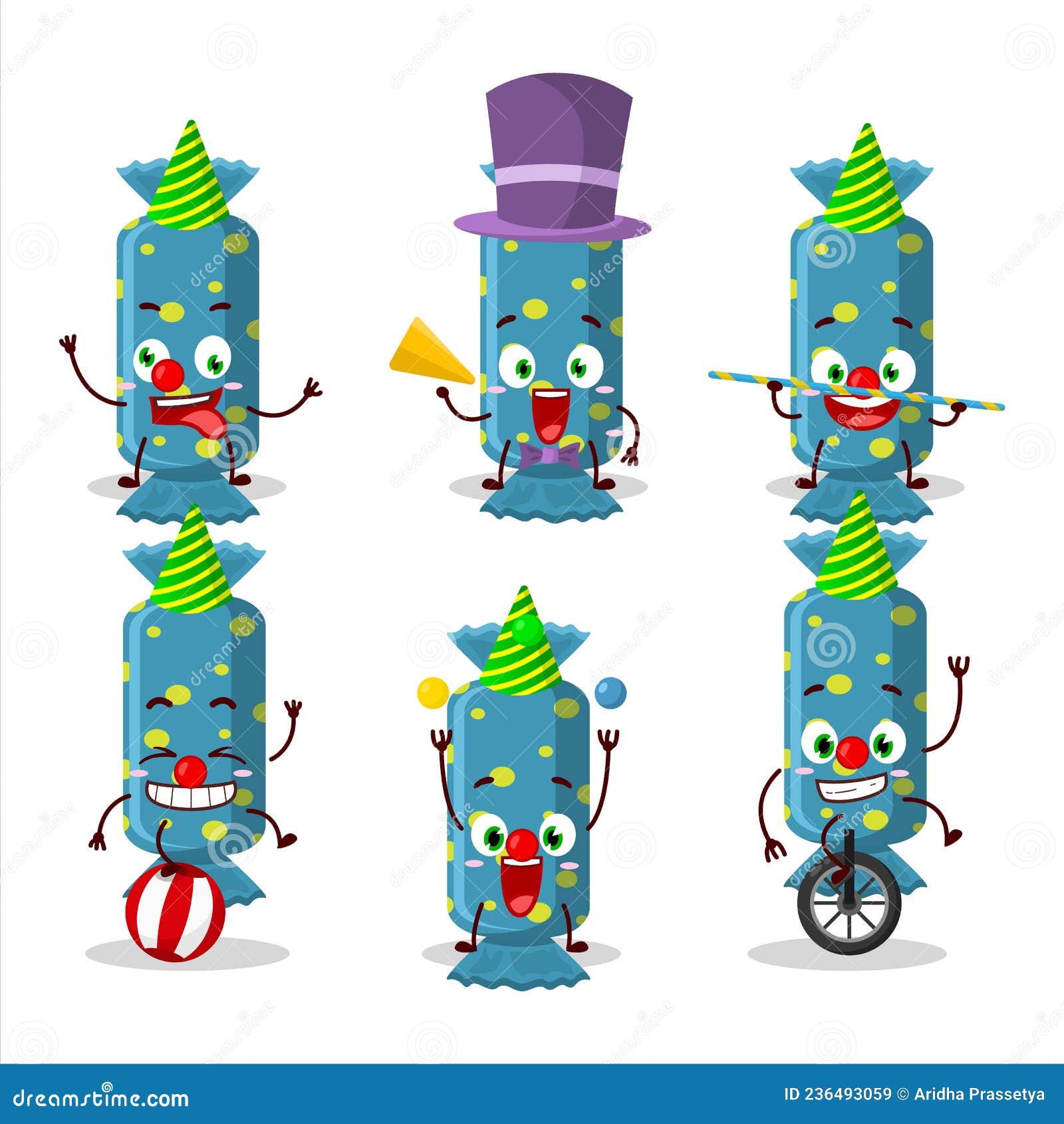 Cartoon Character of Blue Long Candy Package with Various Circus Shows ...