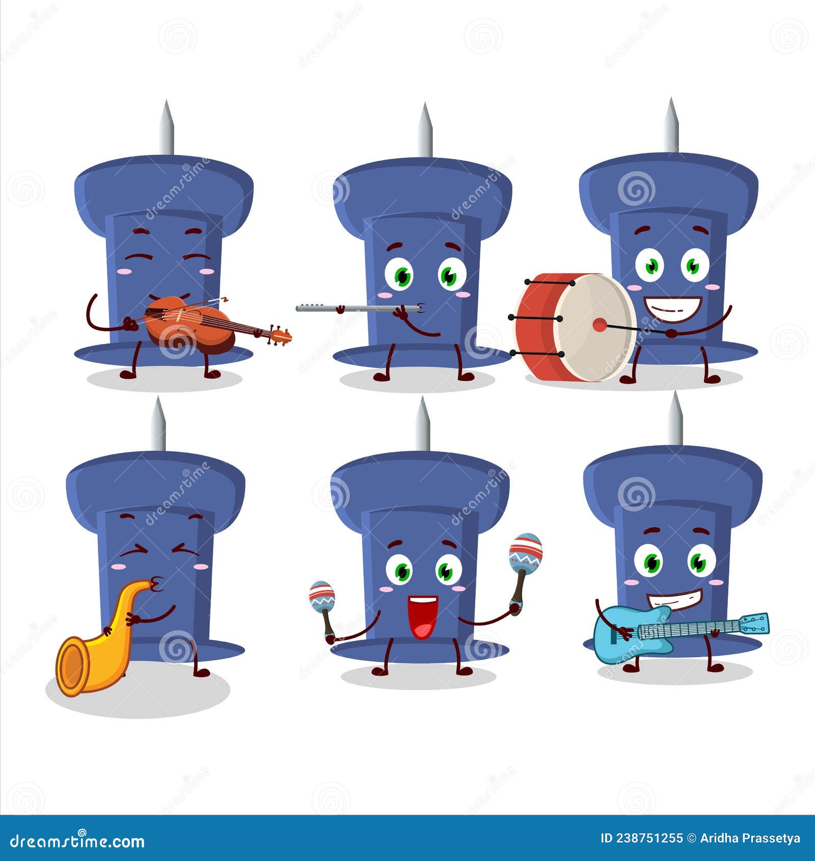 Cartoon Character of Blue Push Pin Playing Some Musical Instruments ...