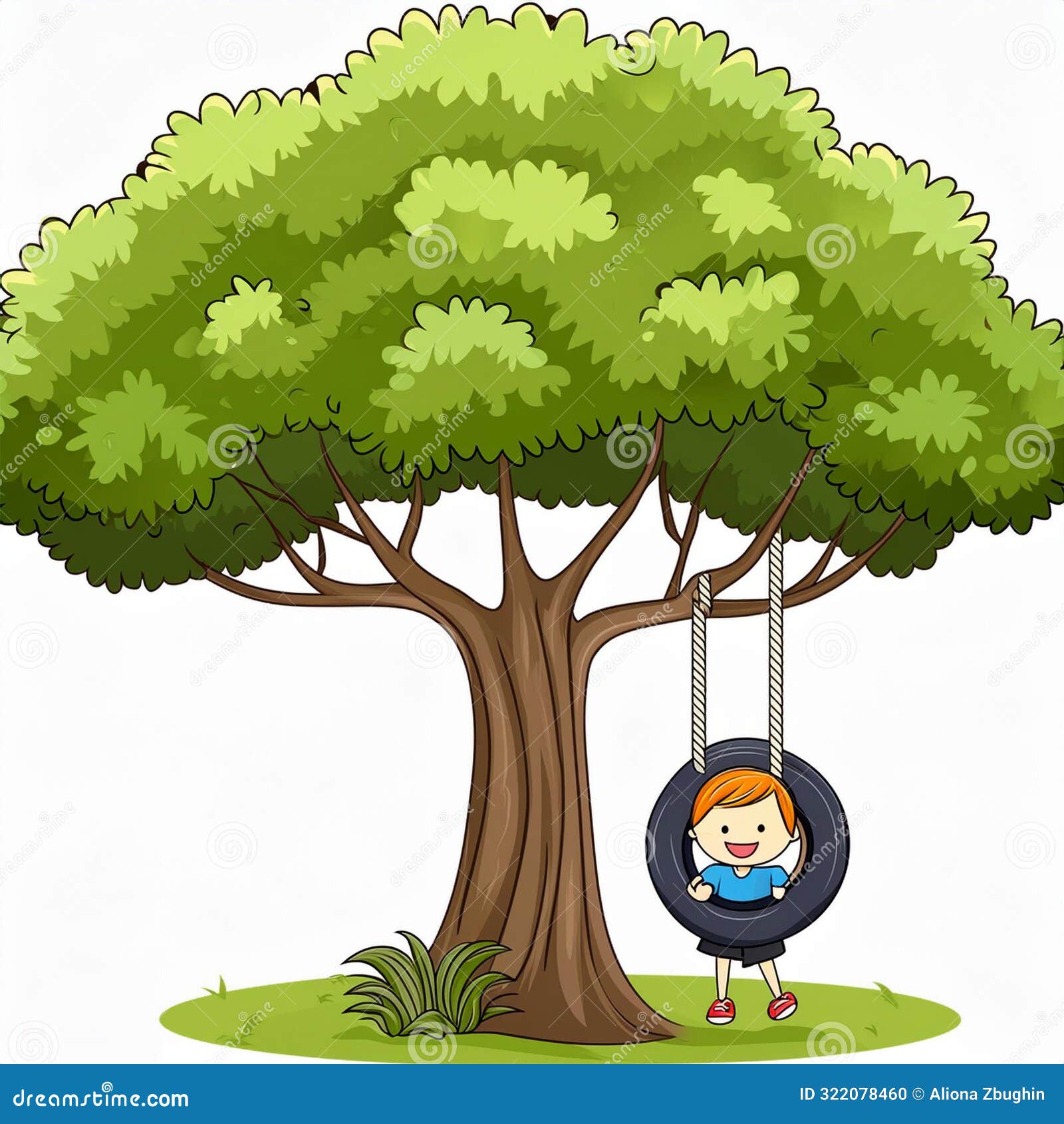 Cartoon Character of a Boy Using a Tire Swing Under a Tree Stock ...