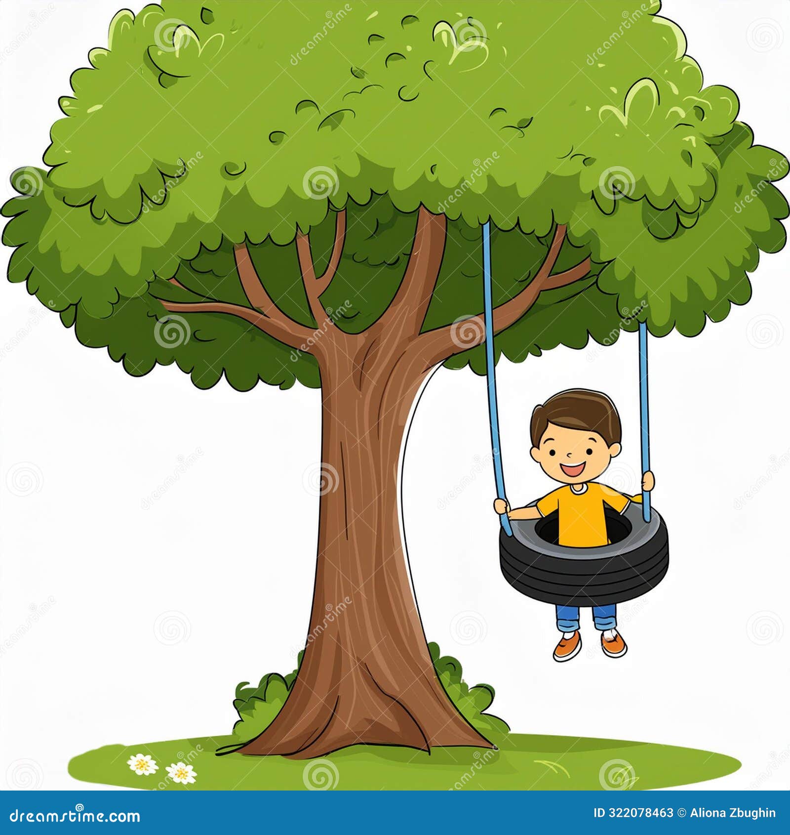 Cartoon Character of a Boy Using a Tire Swing Under a Tree Stock ...