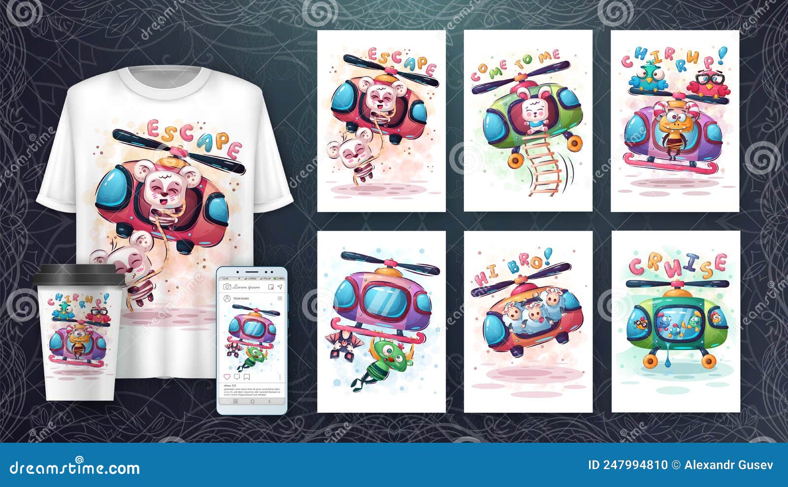 Cartoon Character Cute Animal in Helicopter Stock Vector - Illustration ...