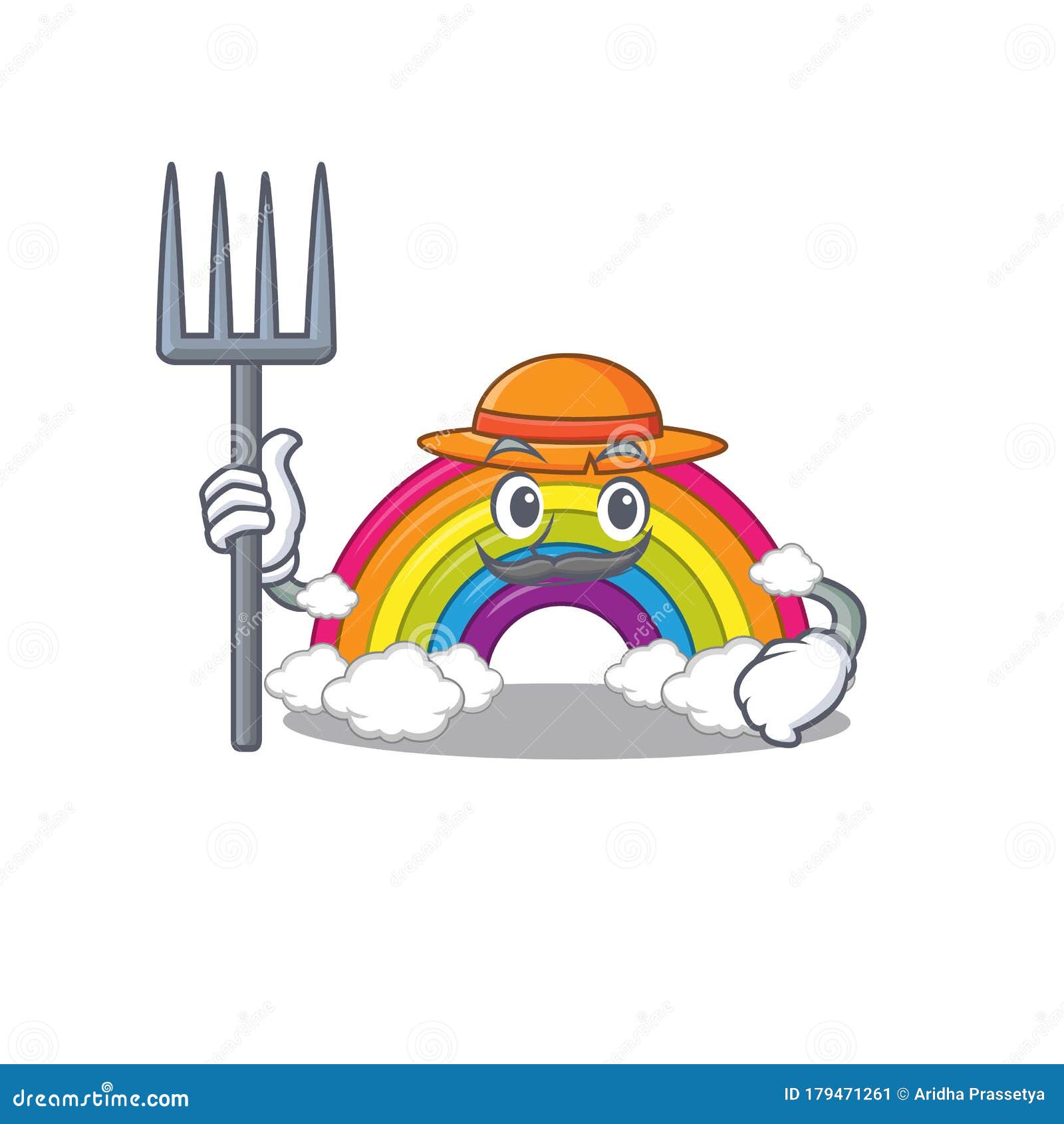 Cartoon Character Design of Rainbow As a Farmer with Hat and Pitchfork ...