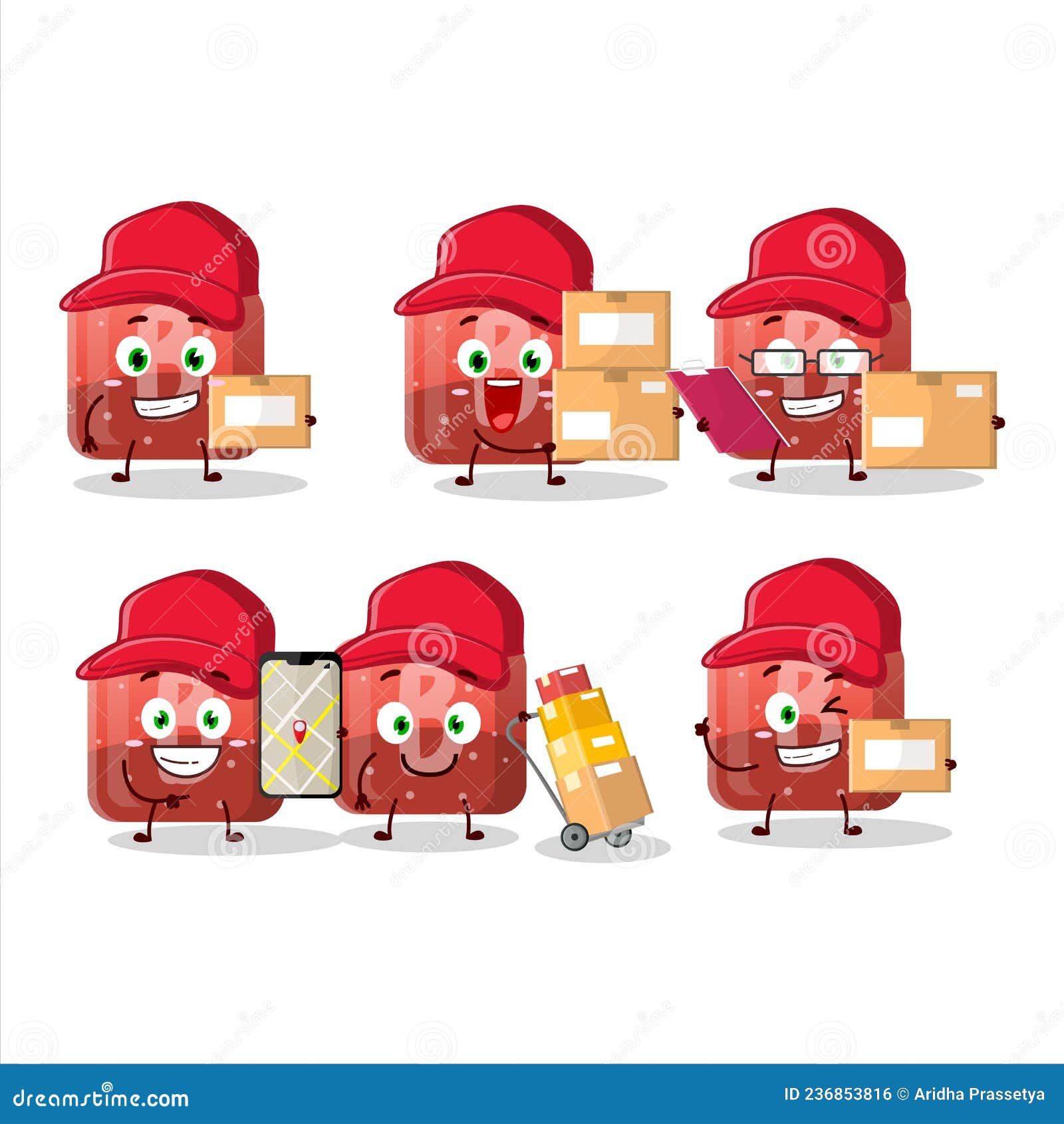 Cartoon Character Design of Red Gummy Candy B Working As a Courier ...