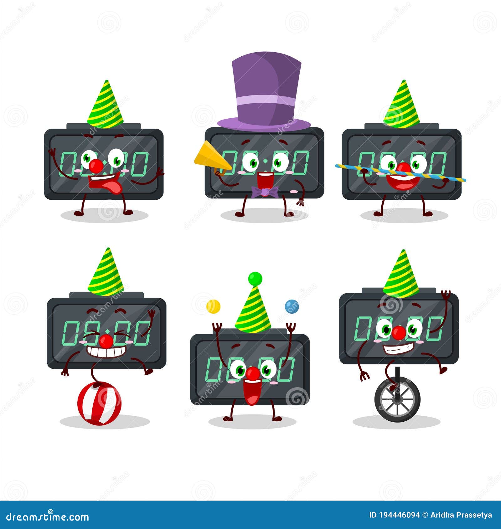 Cartoon Character of Digital Alarm Clock with Various Circus Shows ...