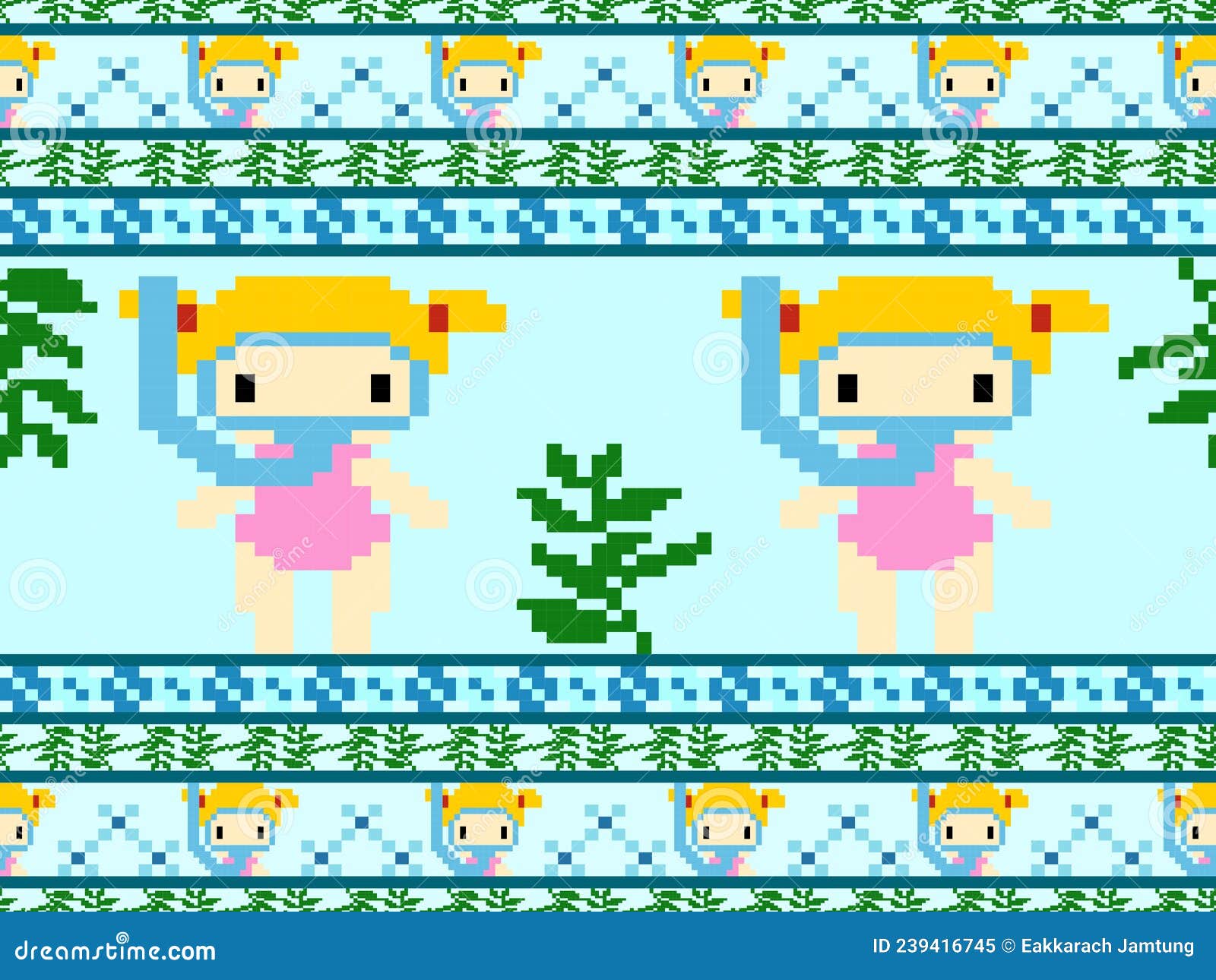 Cartoon Character Diver Seamless Pattern on Blue Background.Pixel Style ...