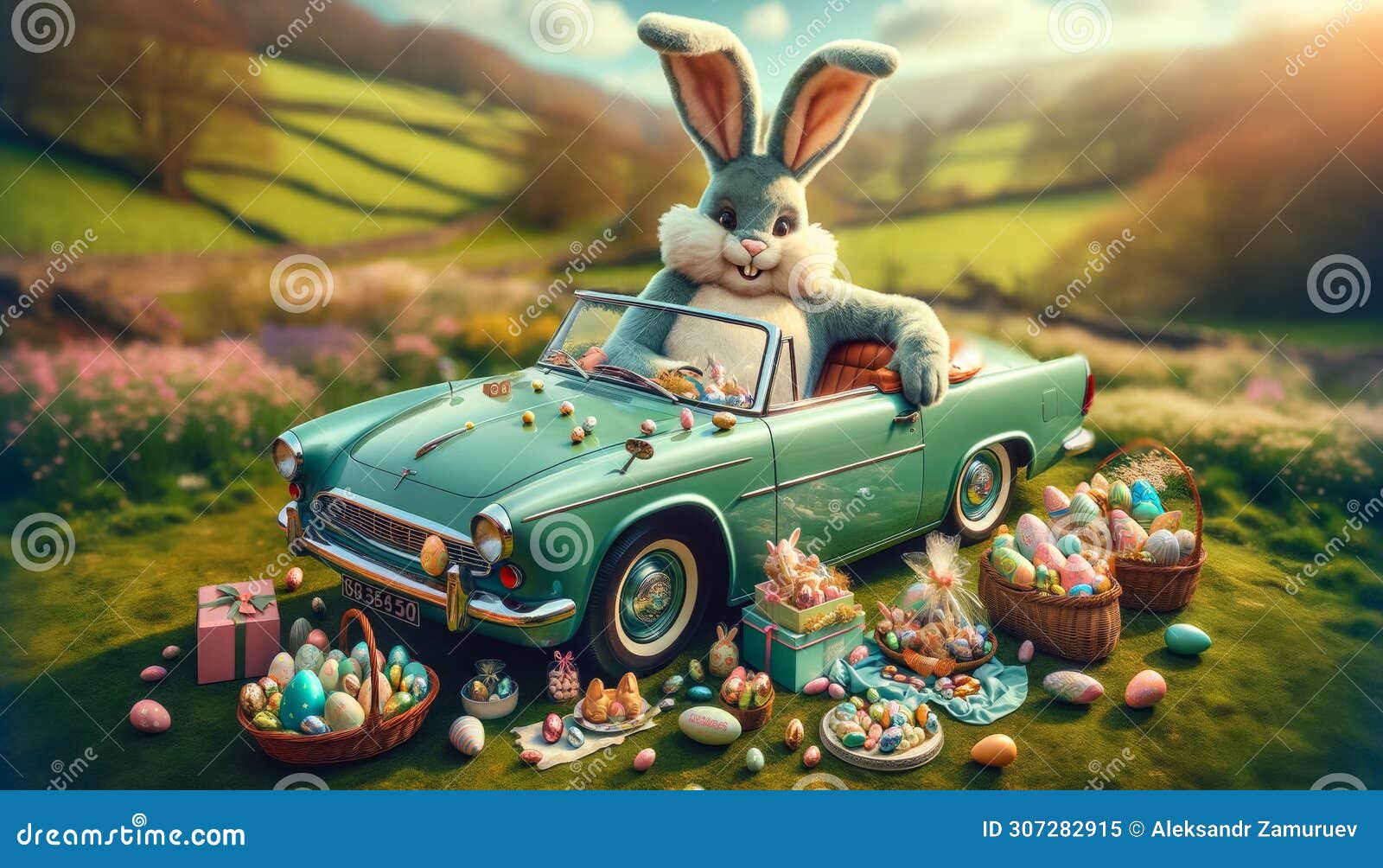 Cartoon Character Easter Bunny Driving Car and Looking for Easter Eggs ...
