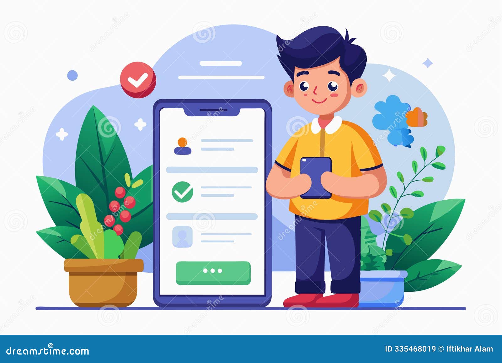 A Cartoon Character Engages with a Mobile Login Interface Surrounded by ...