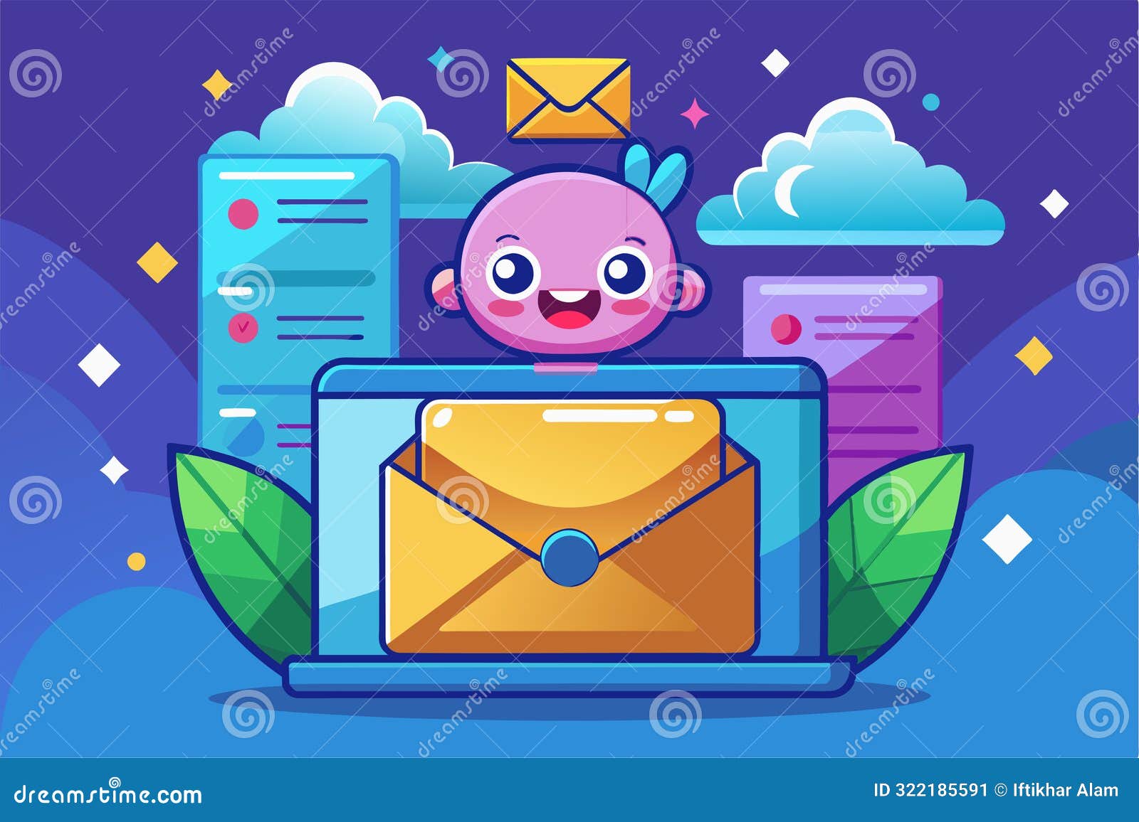 A Cartoon Character with a Full Inbox of Emails on a Laptop Computer in ...