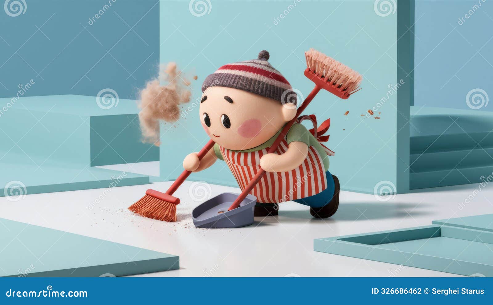 A Cartoon Character with a Hat and Mittens Sweeping Up Dust, AI Stock ...