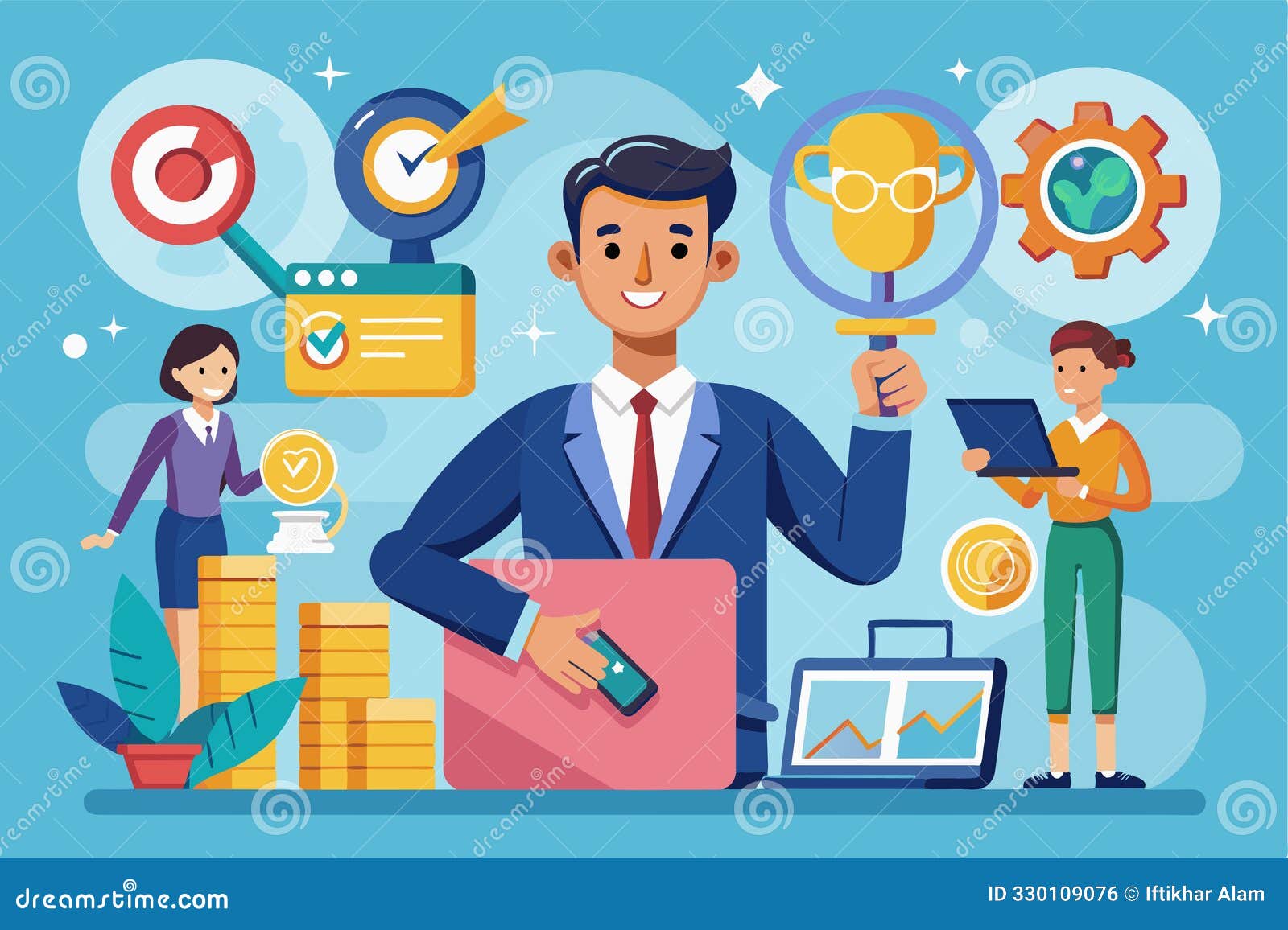 A Cartoon Character Holds a Trophy while Engaging with Technology ...