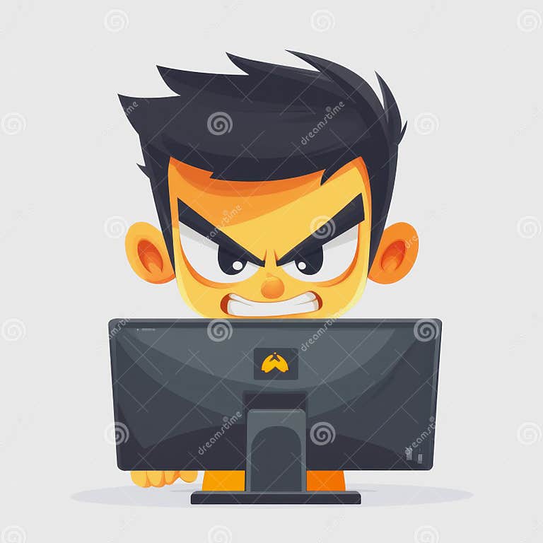 Cartoon Character with Intense Expression at Computer Displaying Focus ...