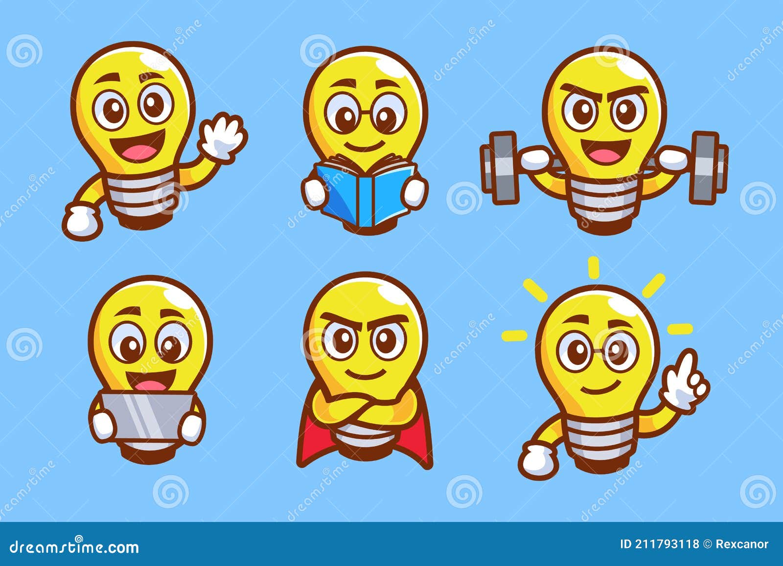 Cartoon Character Light Bulb Collection Set Stock Vector - Illustration ...