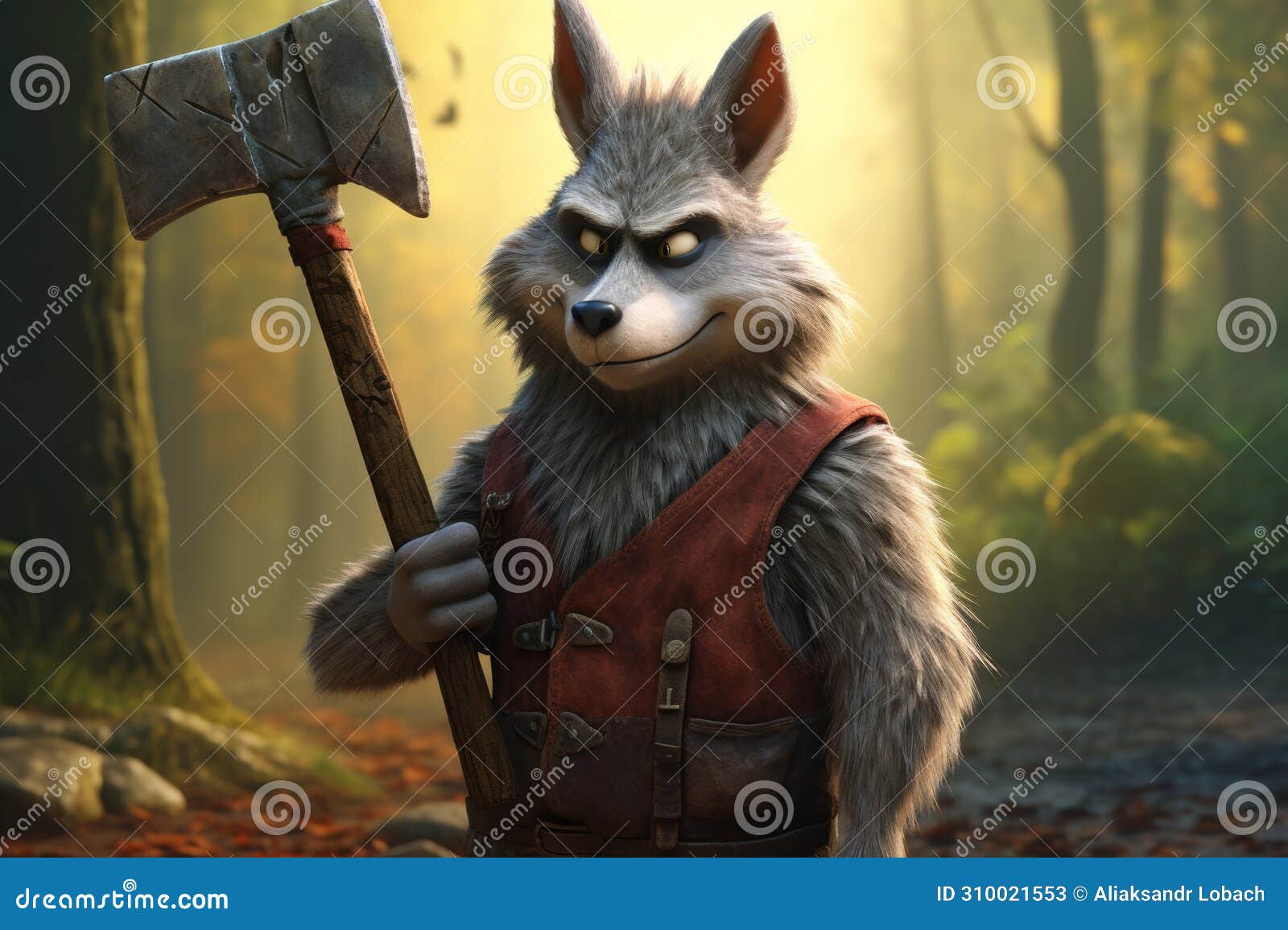 A Cartoon Character of a Lumberjack Wolf with an Axe in His Hands. 3d ...