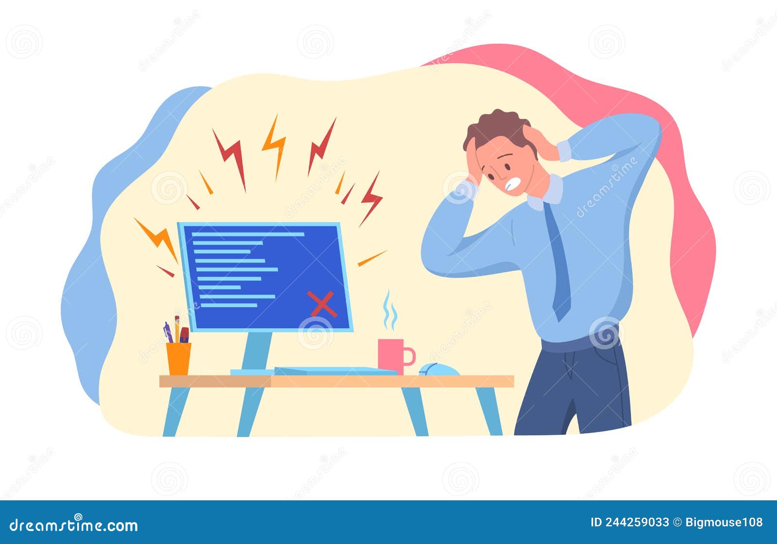 Cartoon Character Man Computer Tech Error in Office Concept. Vector ...