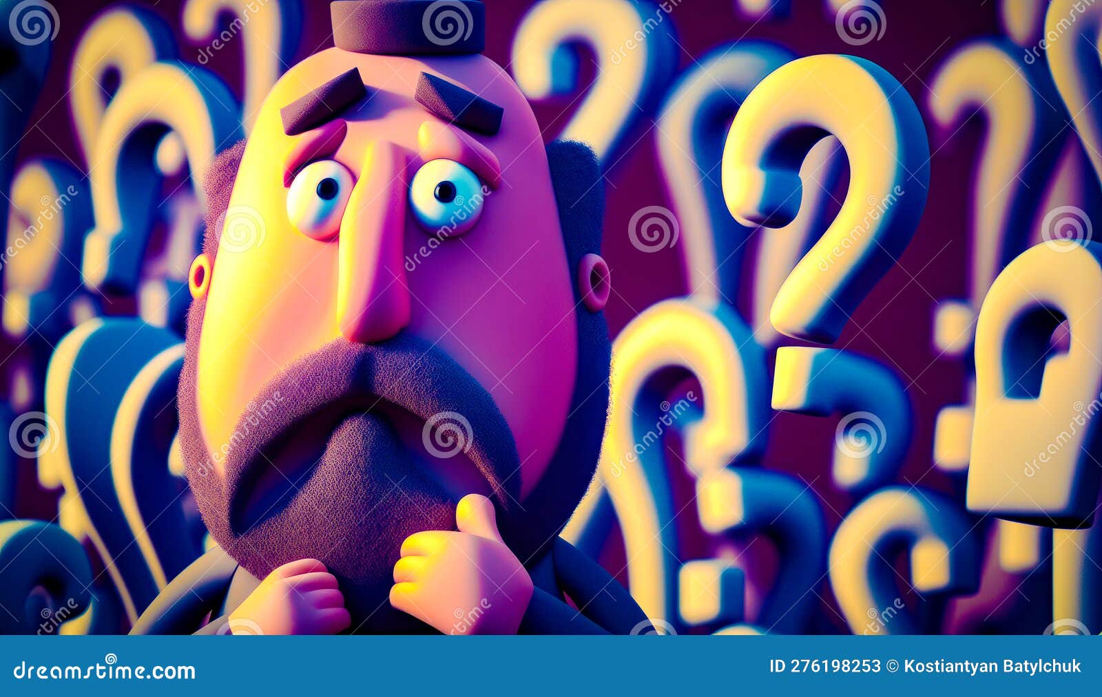 Cartoon Character with Many Question Marks on His Face and Mustache on ...
