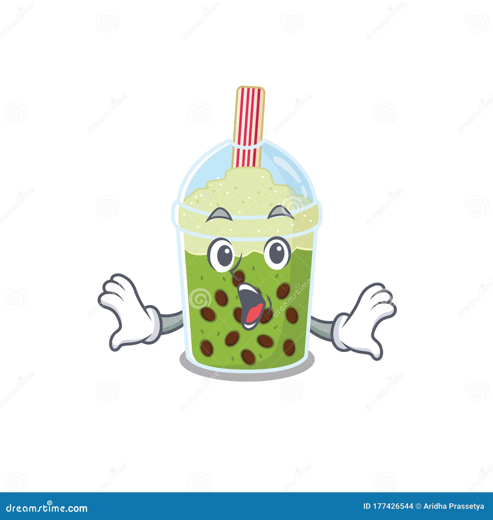 A Cartoon Character of Matcha Bubble Tea Making a Surprised Gesture ...