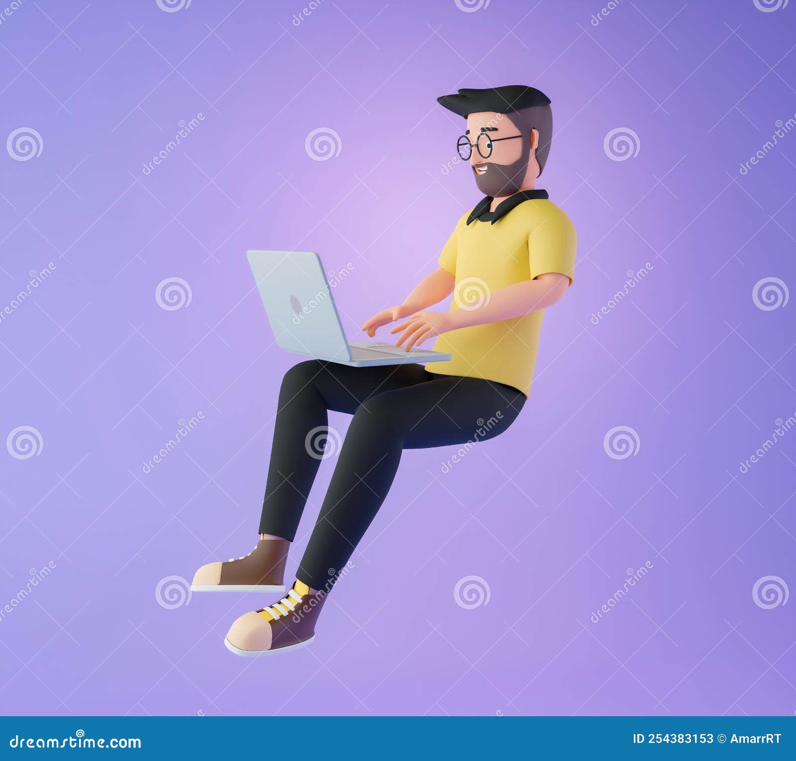 Cartoon Character Men Floating and Using Computer Laptop for Working ...