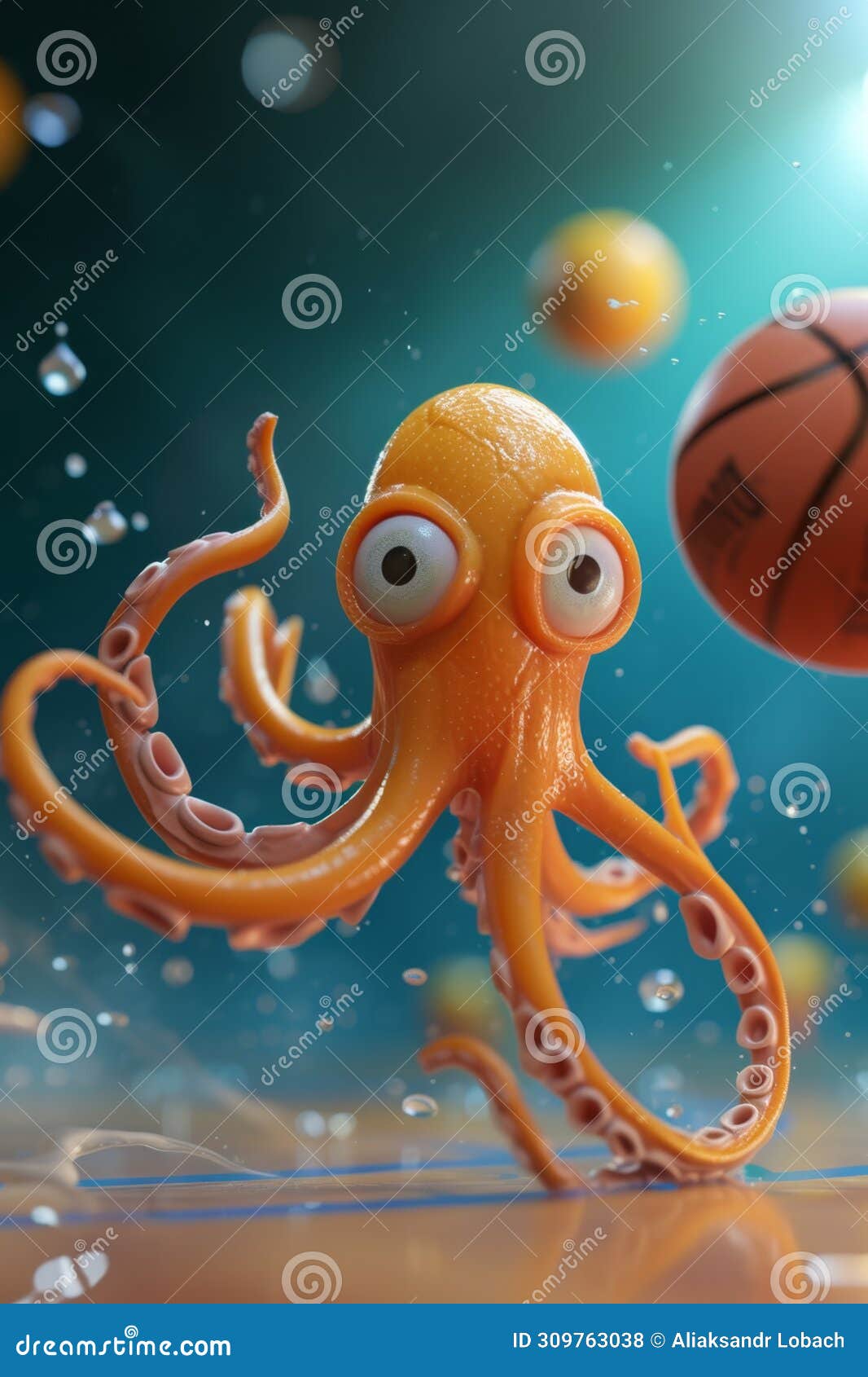 Cartoon Character of an Octopus with a Basketball. 3d Illustration ...