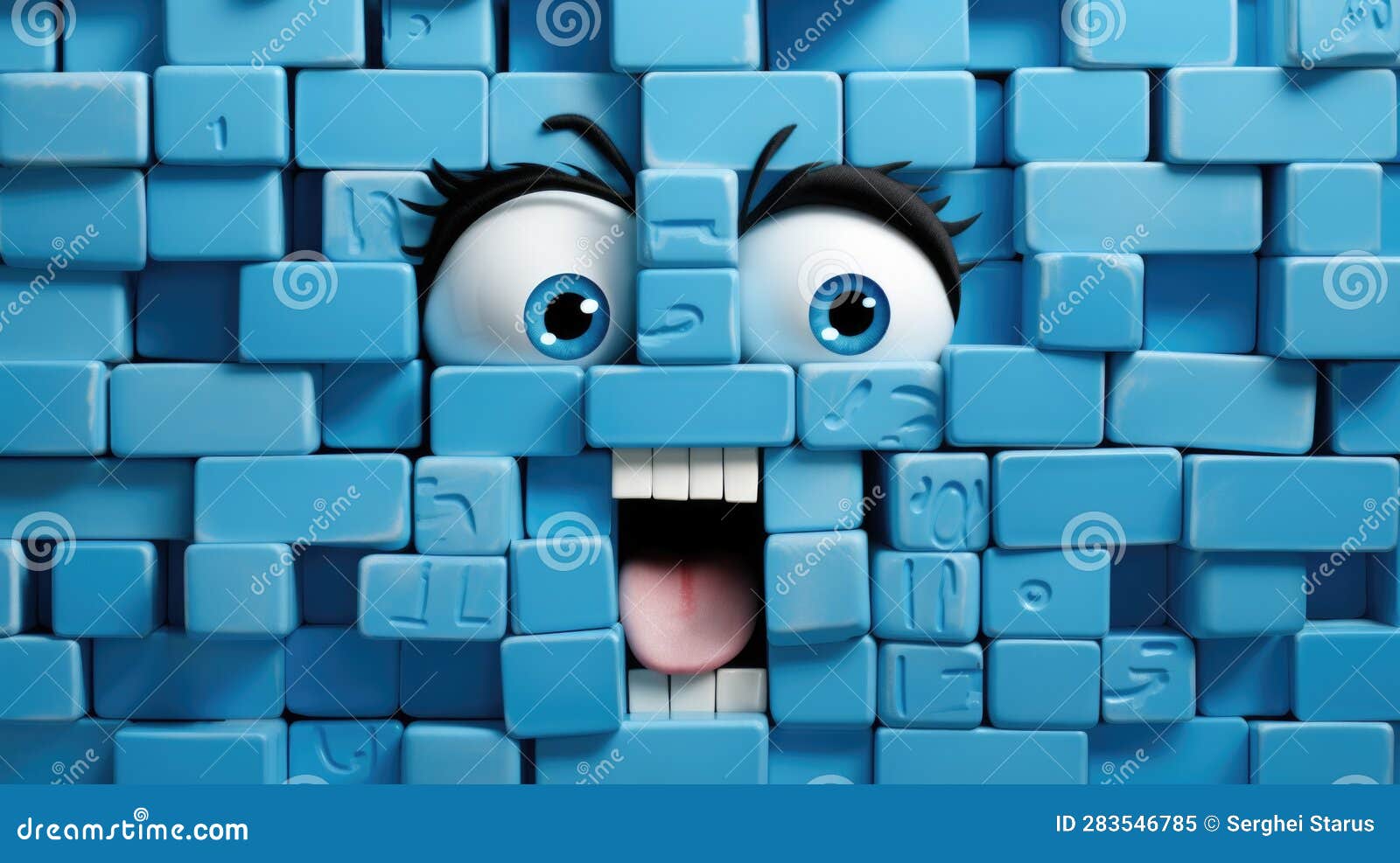 A Cartoon Character Peeking Out of a Wall of Blue Cubes. Generative AI ...