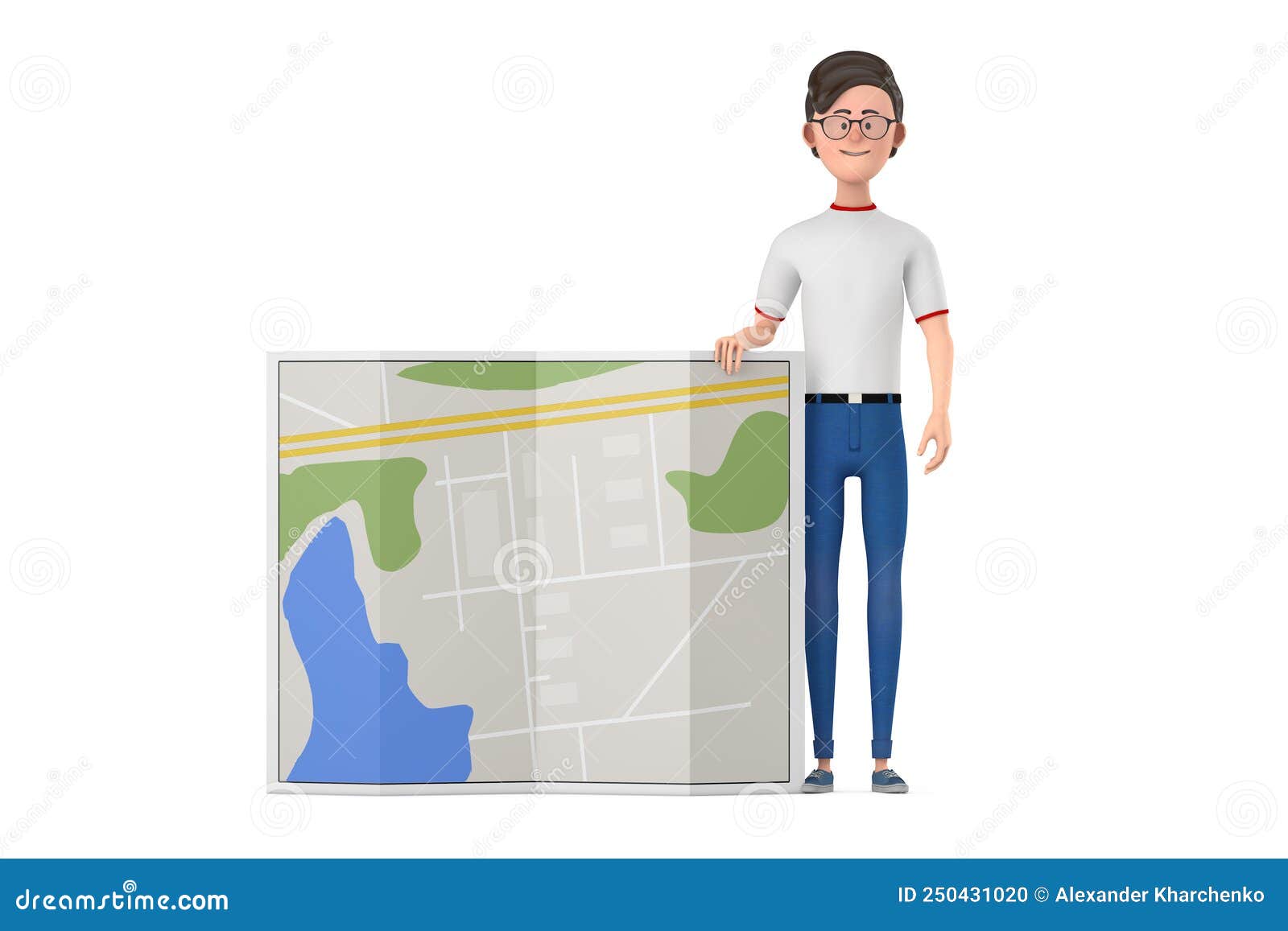 Cartoon Character Person Man with Abstract City Plan Map. 3d Rendering ...