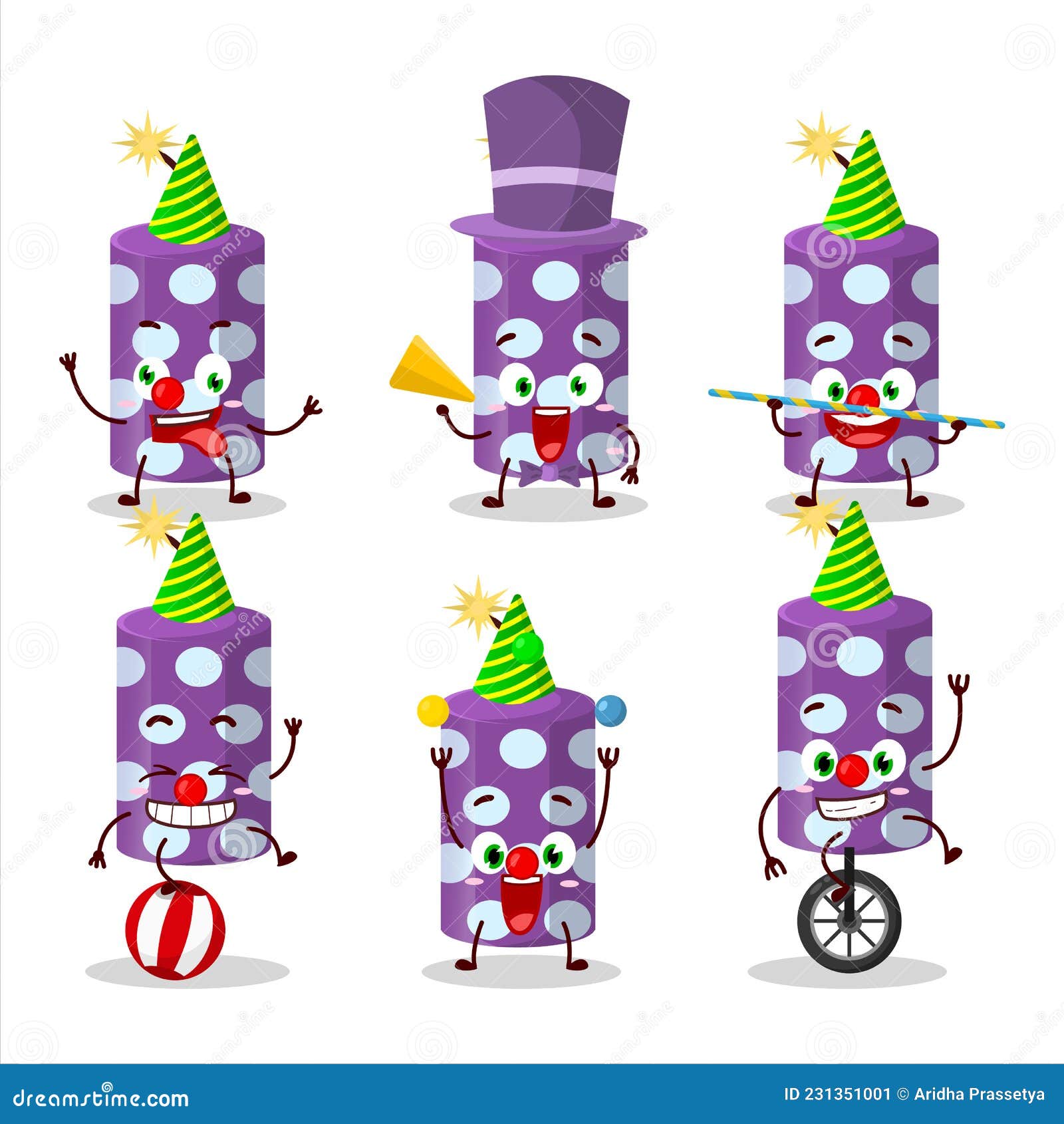 Cartoon Character of Purple Firecracker with Various Circus Shows Stock ...