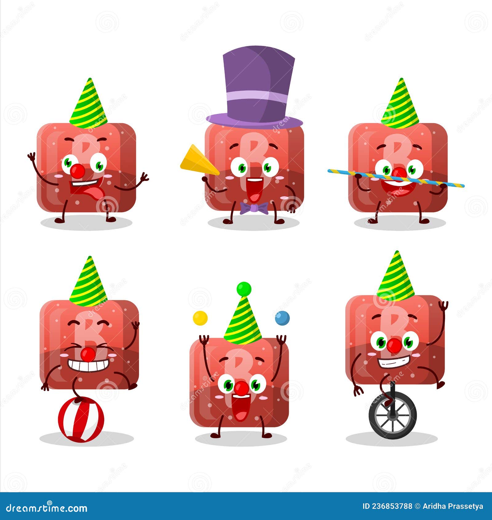 Cartoon Character of Red Gummy Candy B with Various Circus Shows Stock ...