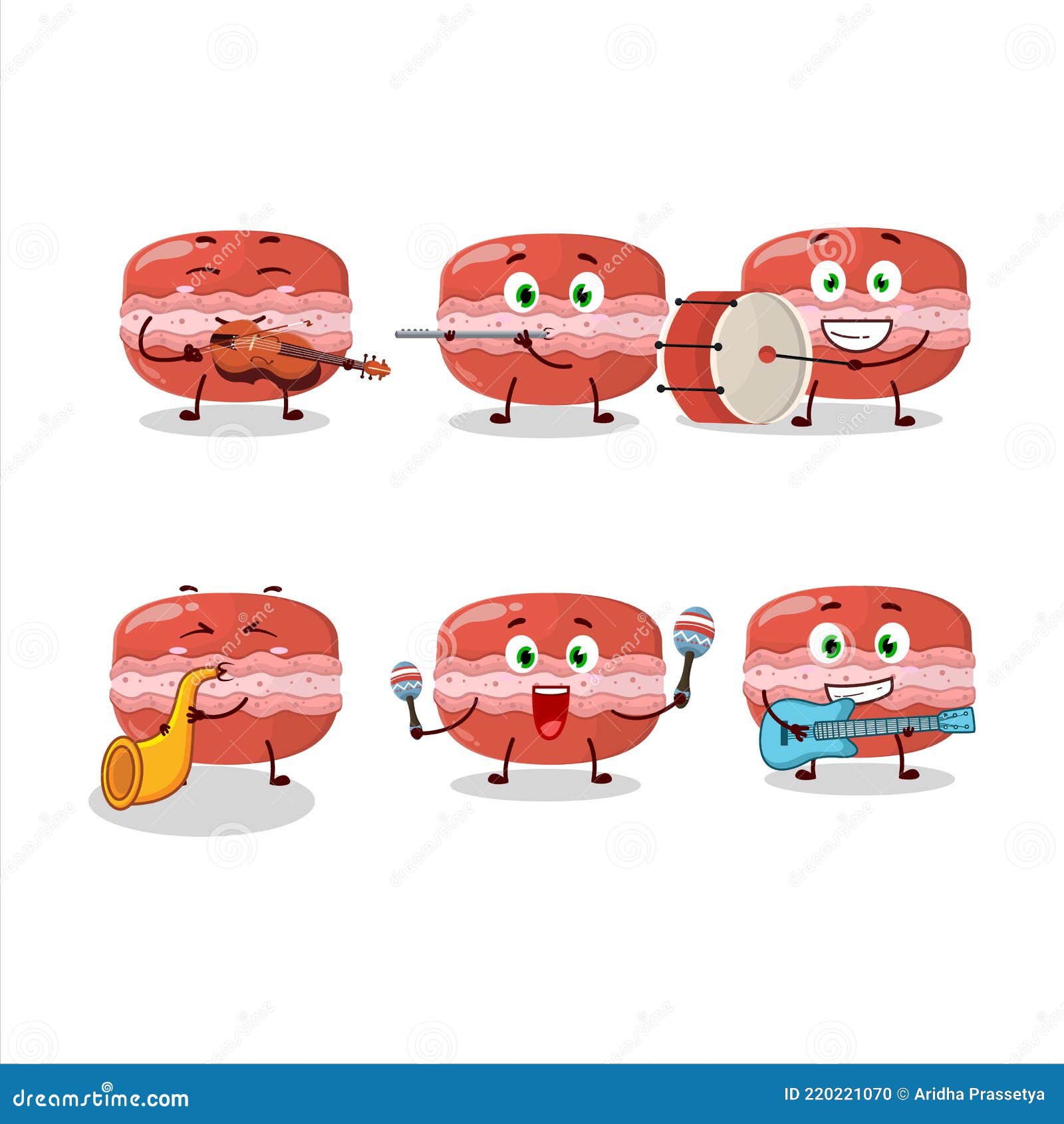 Cartoon Character of Red Macaron Playing Some Musical Instruments Stock ...