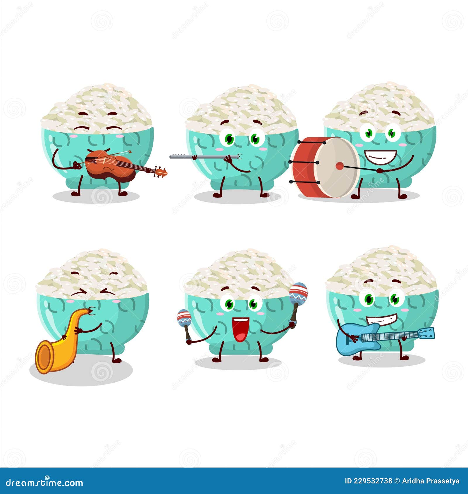 Cartoon Character of Risotto Rice Playing Some Musical Instruments ...