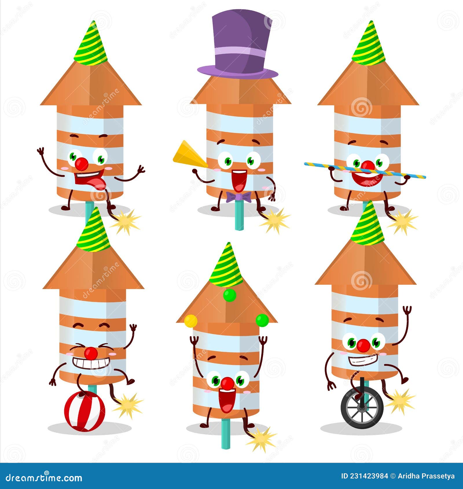 Cartoon Character of Rocket Firework Orange with Various Circus Shows ...