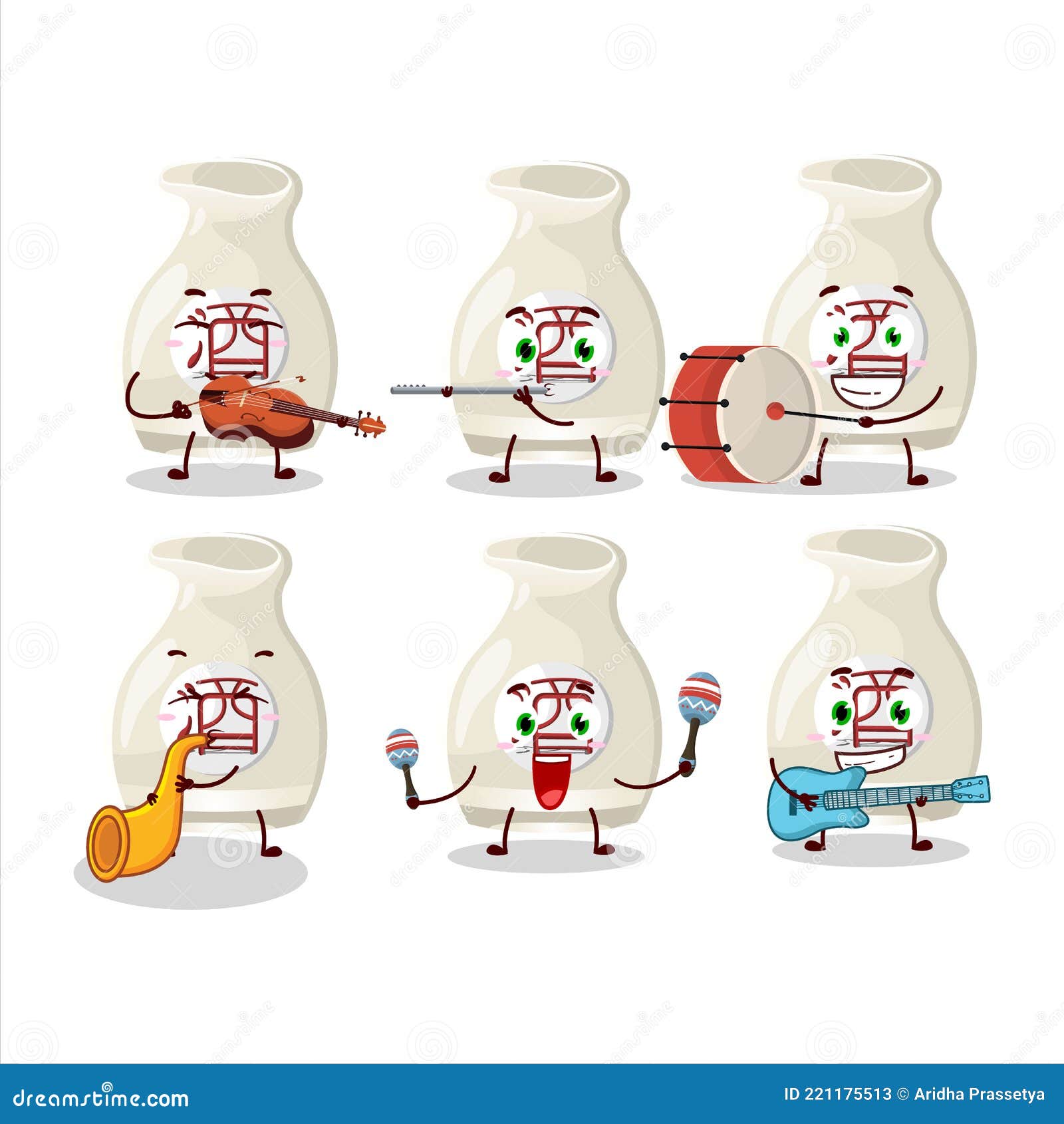 Cartoon Character of Sake Drink Playing Some Musical Instruments Stock ...