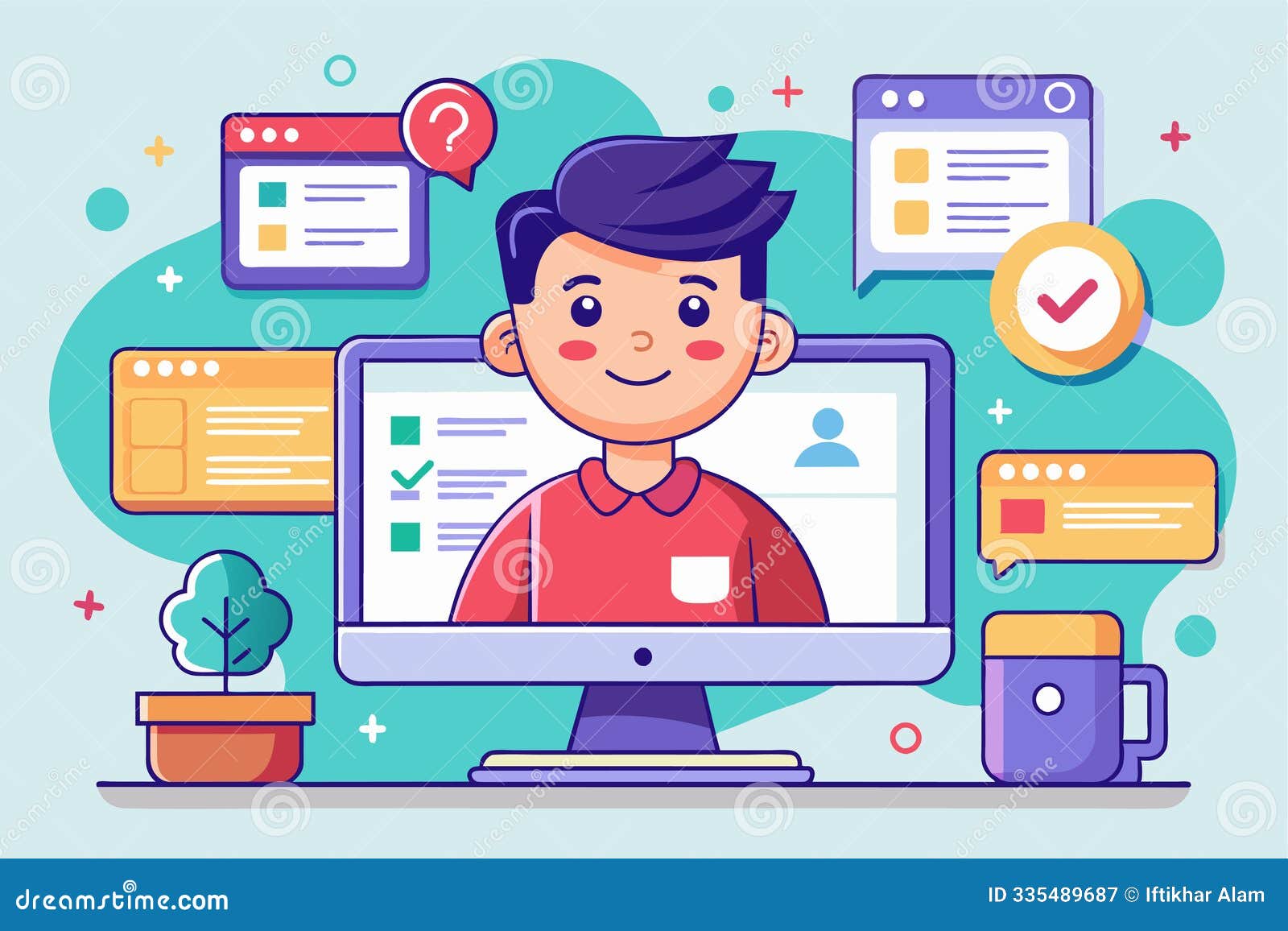 A Cartoon Character Smiles while Interacting with Various Digital ...