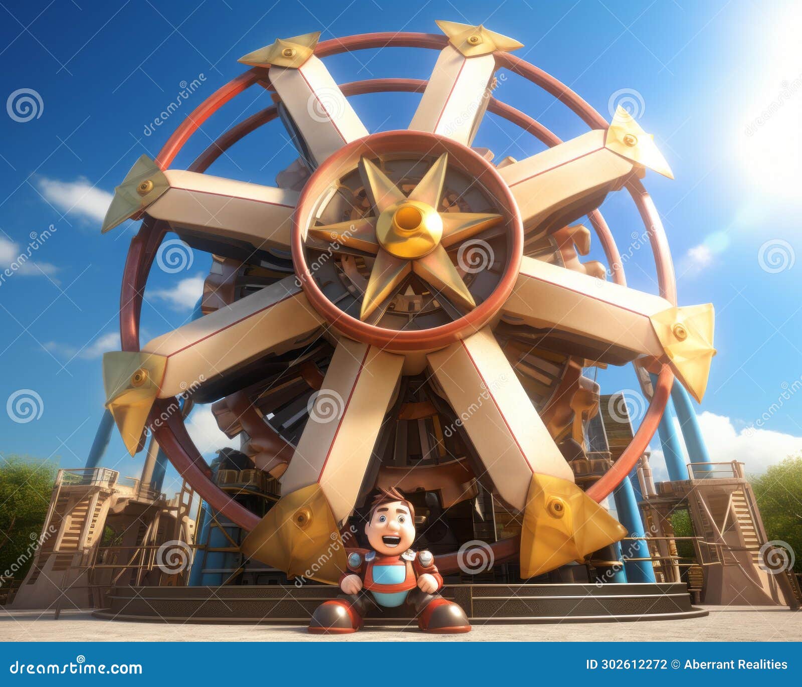 A Cartoon Character Standing in Front of a Ferris Wheel Stock ...