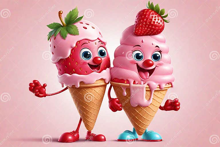 Cartoon Character Of Strawberry Ice Cream With Strawberry In Waffle