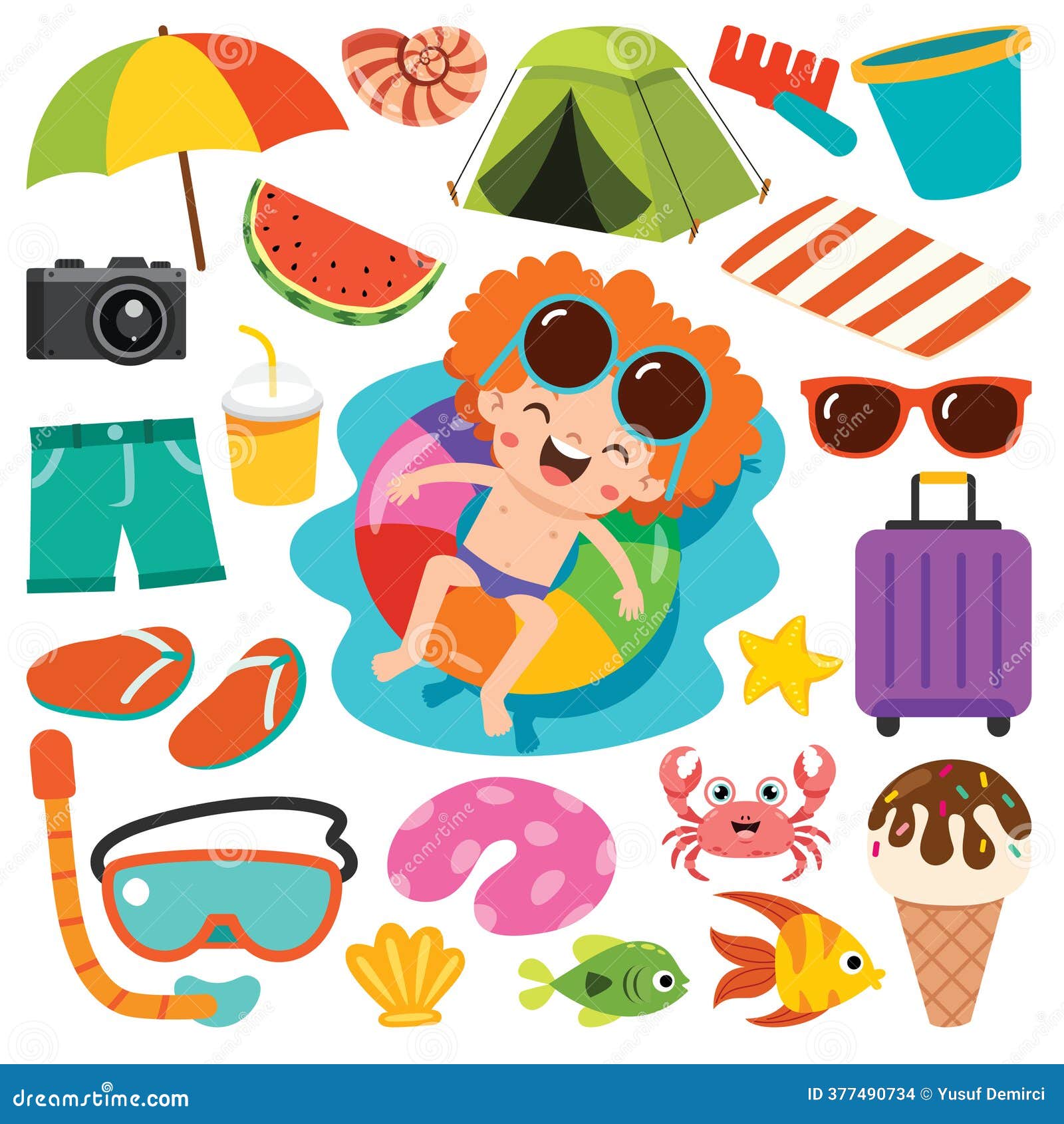 Summer Elements Set Seagull, Swimsuit, Slippers Cartoon Vector | CartoonDealer.com #208503151