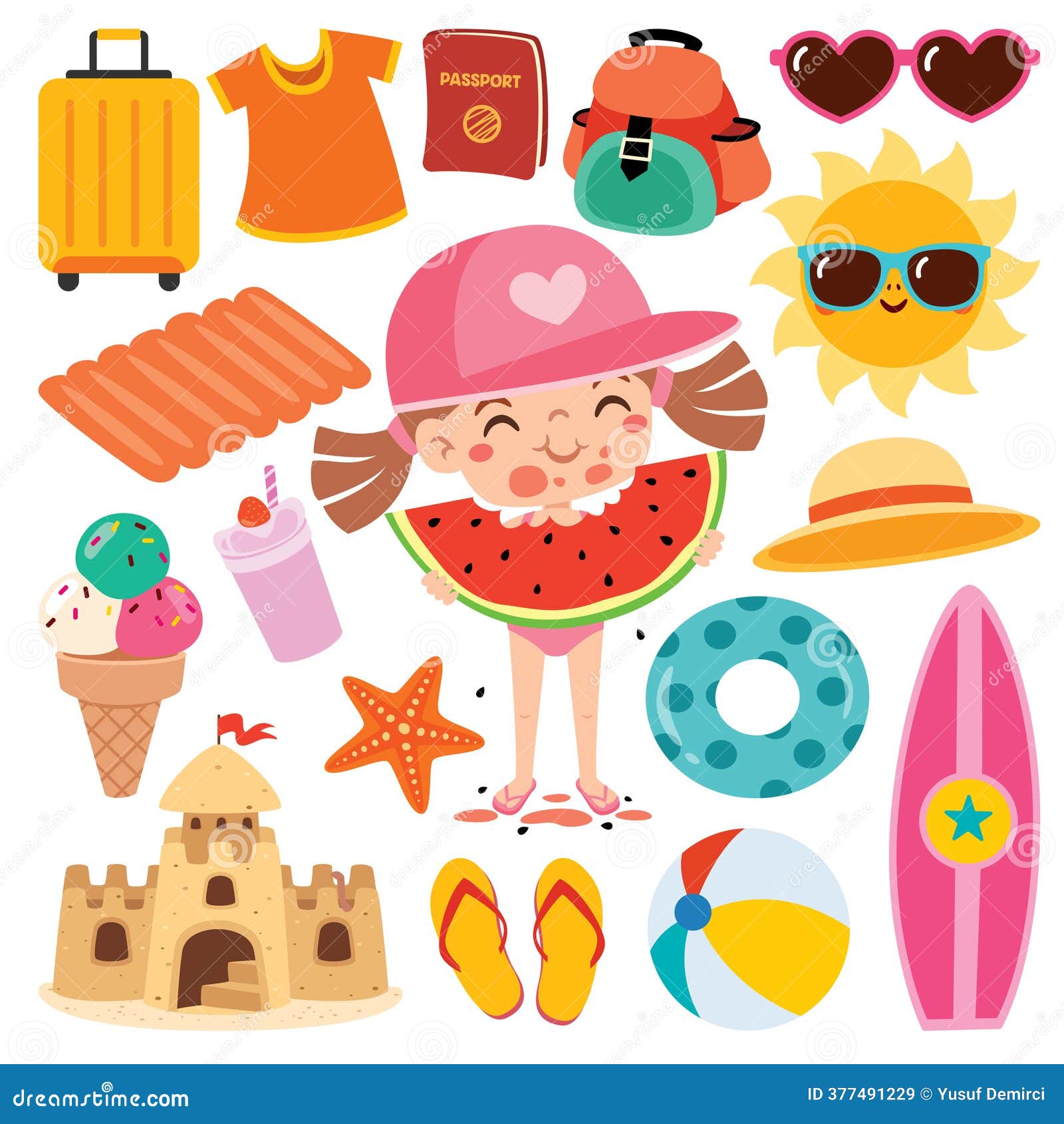 Summer Elements Set Seagull, Swimsuit, Slippers Cartoon Vector | CartoonDealer.com #208503151