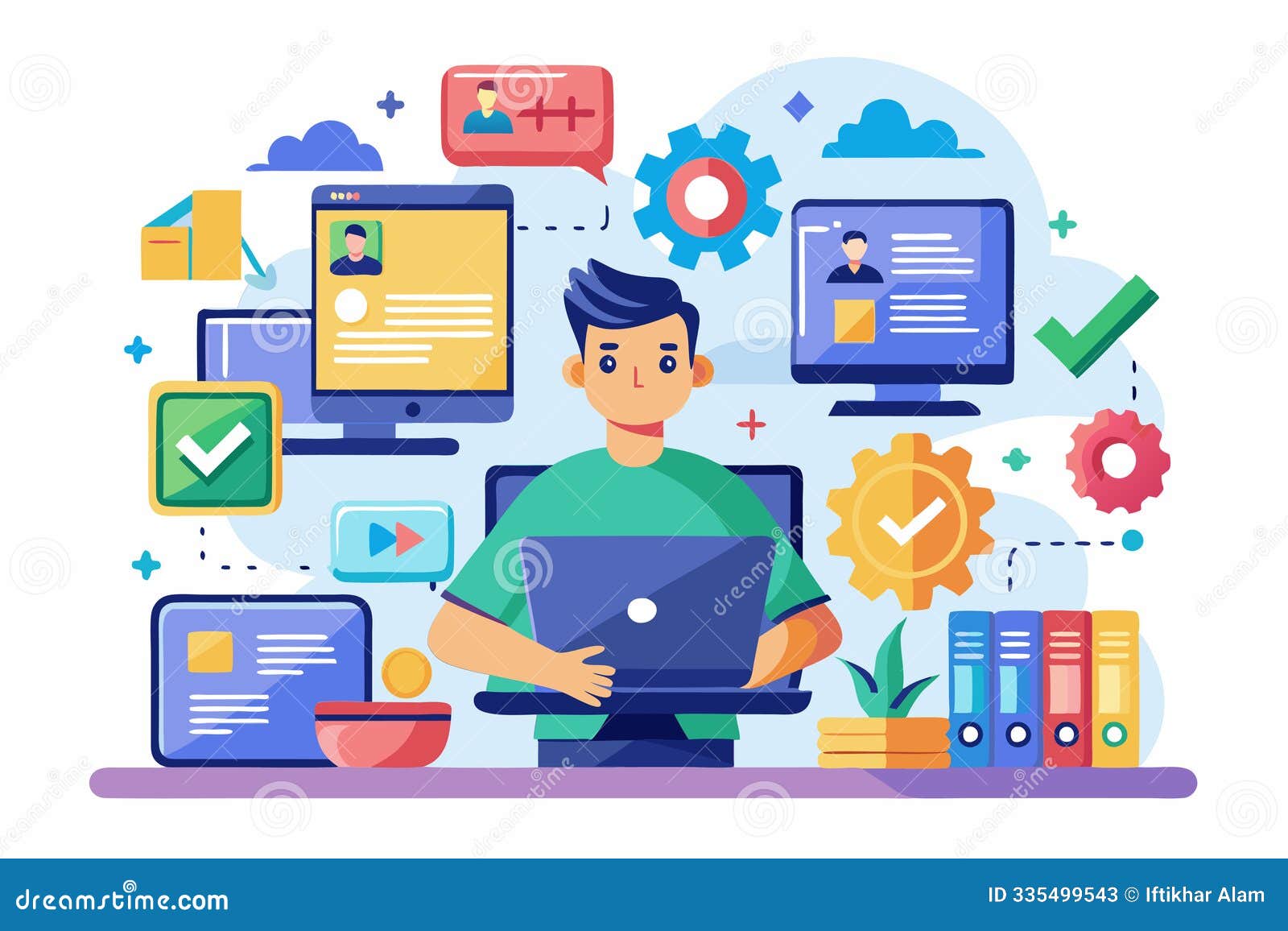 A Cartoon Character Using a Laptop in an Office Filled with Software ...