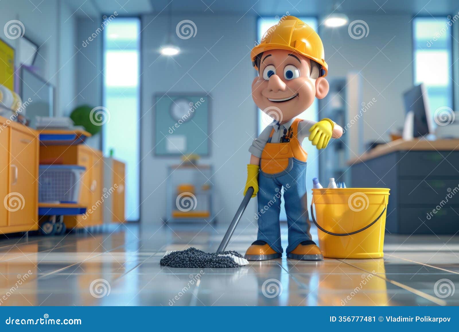 A Cartoon Character Using a Mop To Clean the Floor, Useful for ...