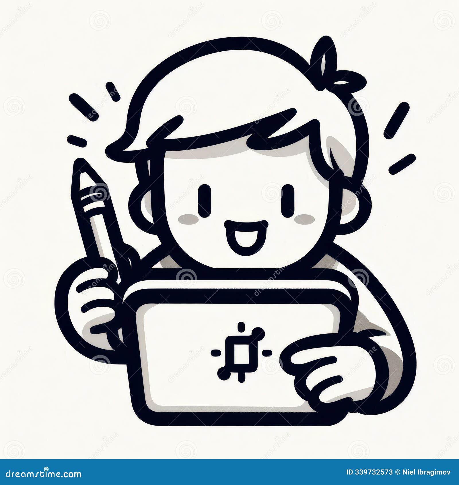 Cartoon Character Using Tablet with Stylus for Online Lesson. Simple ...