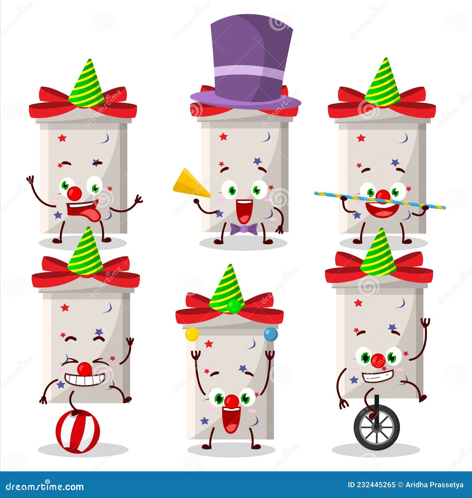 Cartoon Character of White Long Gift Box with Various Circus Shows ...