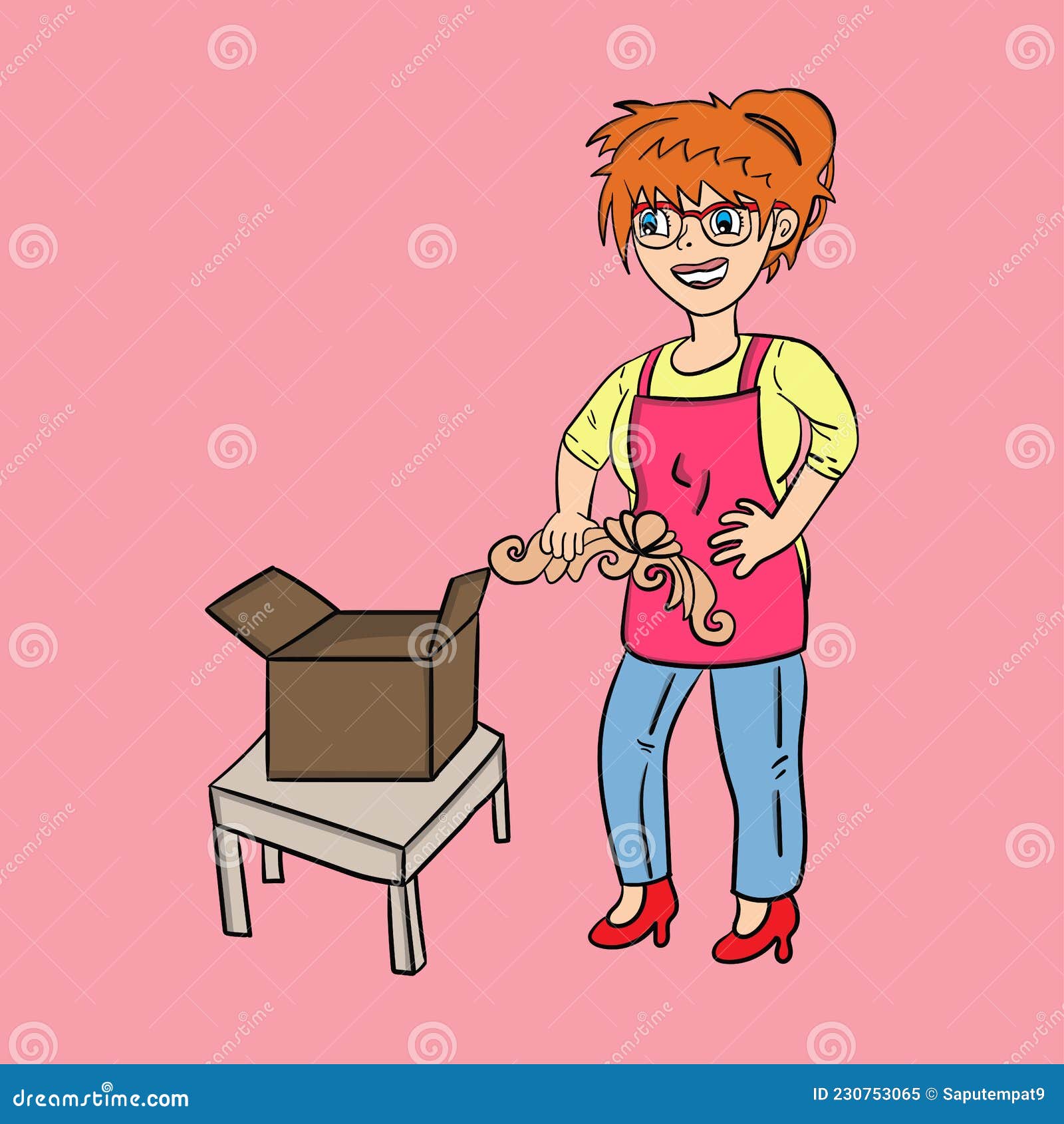 Cartoon Character of a Woman Taking Things from a Box on a Table Stock ...
