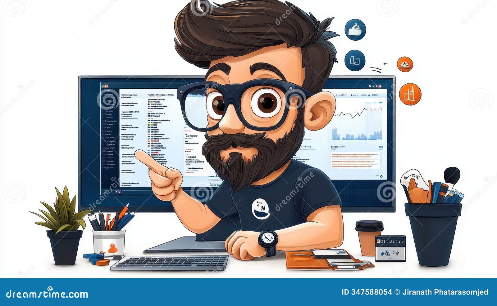 Cartoon Character Working on a Computer with Graphs and Data Analysis ...