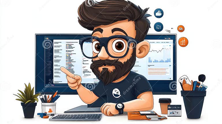 Cartoon Character Working on a Computer with Graphs and Data Analysis ...